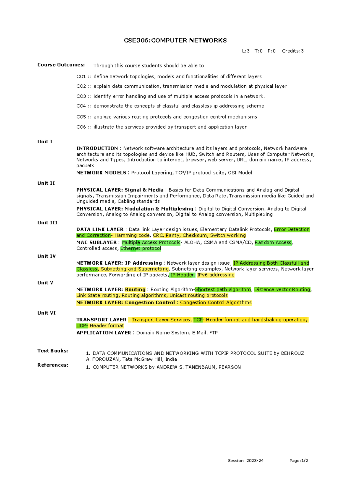 Cse 306 important - imp sylabus - CSE306:COMPUTER NETWORKS Course Outcomes: CO1 :: define ...