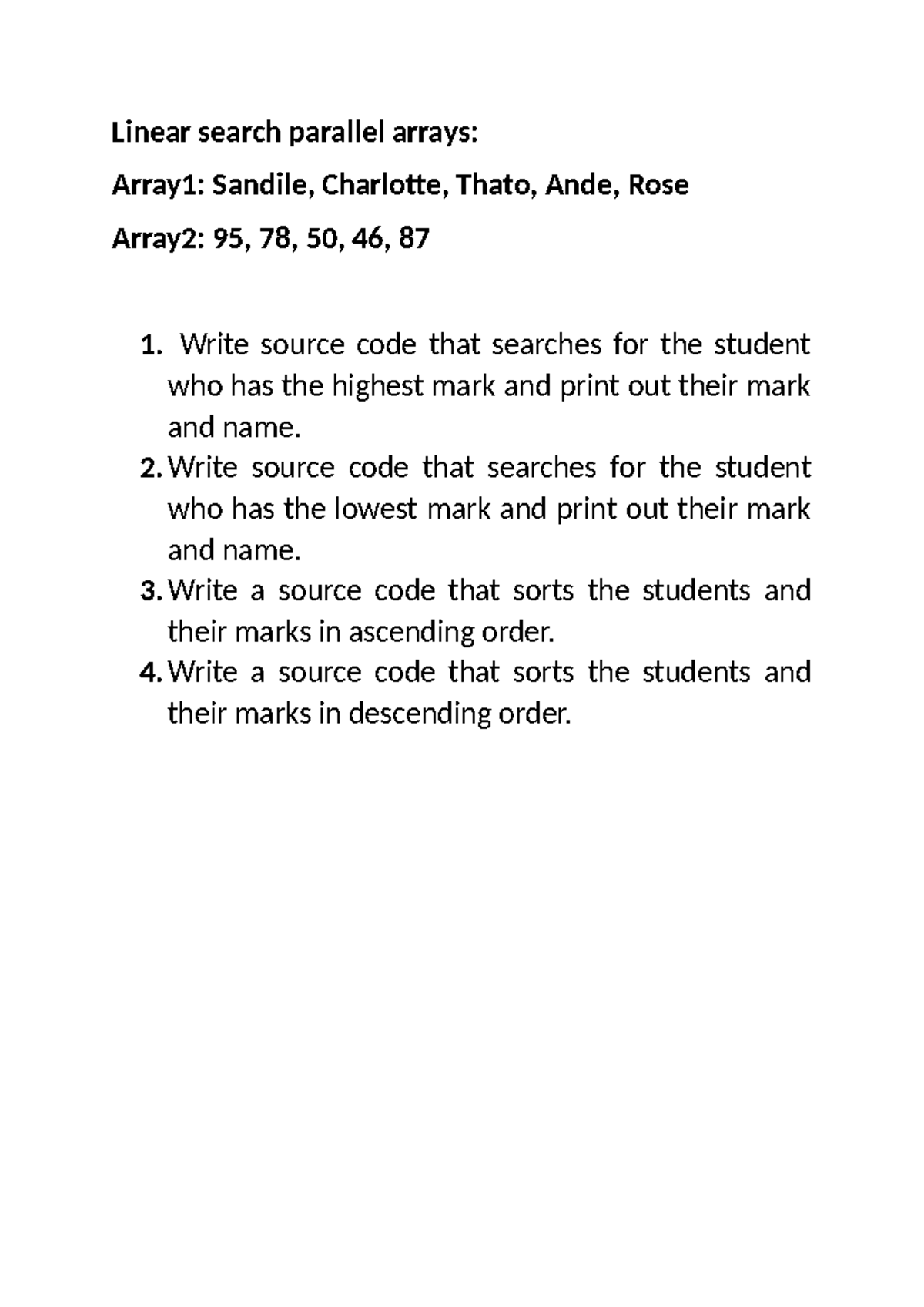 ICE Task 4 - Linear search parallel arrays: Array1: Sandile, Charlotte ...