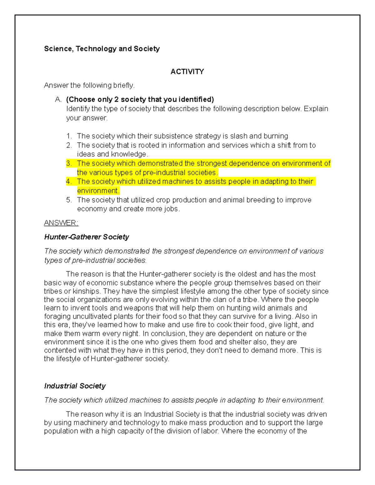 Science, Technology and Society Activity 1 Society Development ...