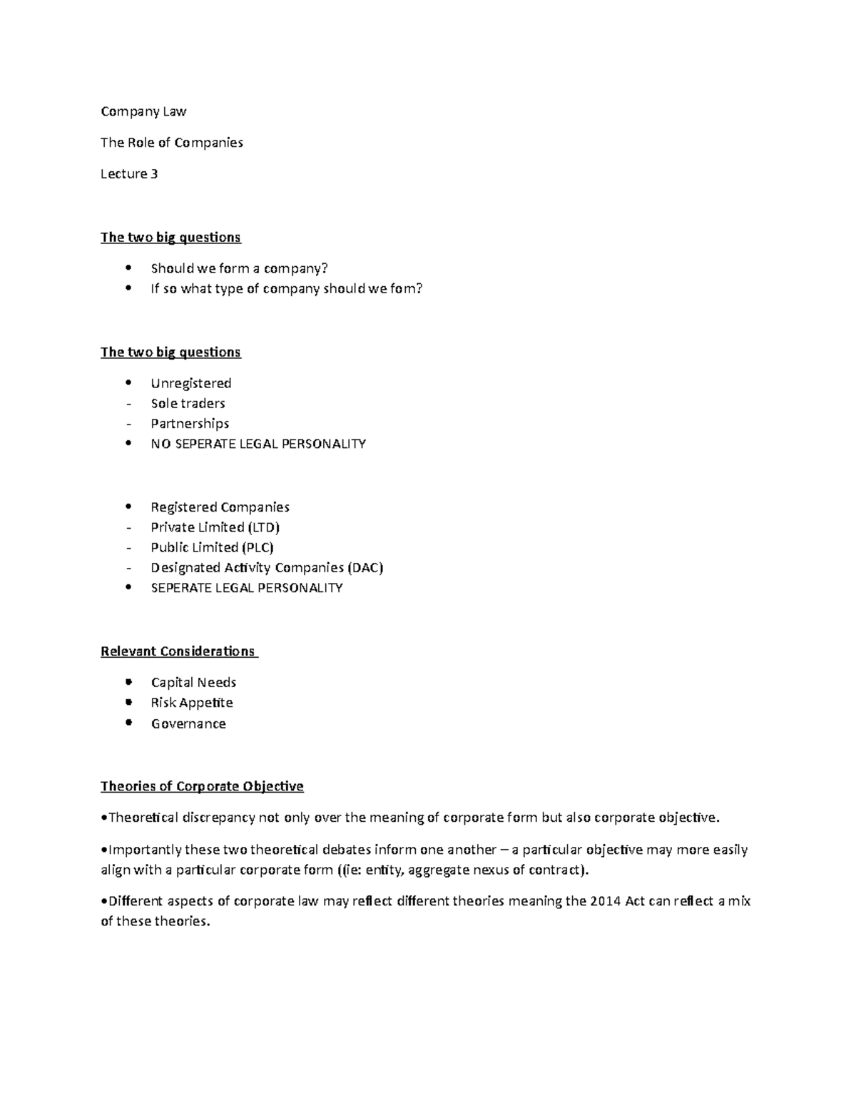 Company Law Class 3 - Company Law The Role of Companies Lecture 3 The ...