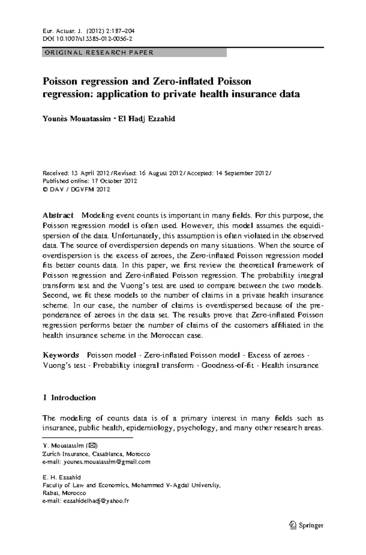 Zero Inflated Poisson Regression O R I G I N A L R E S E A R C H P A P E R Poisson Regression