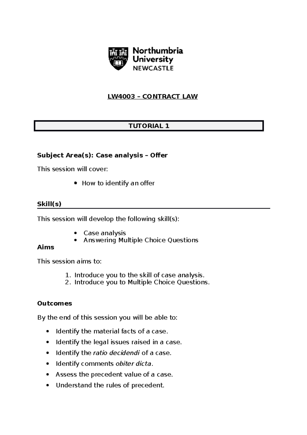 Tutorial 1Materials 2021 - LW4003 – CONTRACT LAW TUTORIAL 1 Subject ...