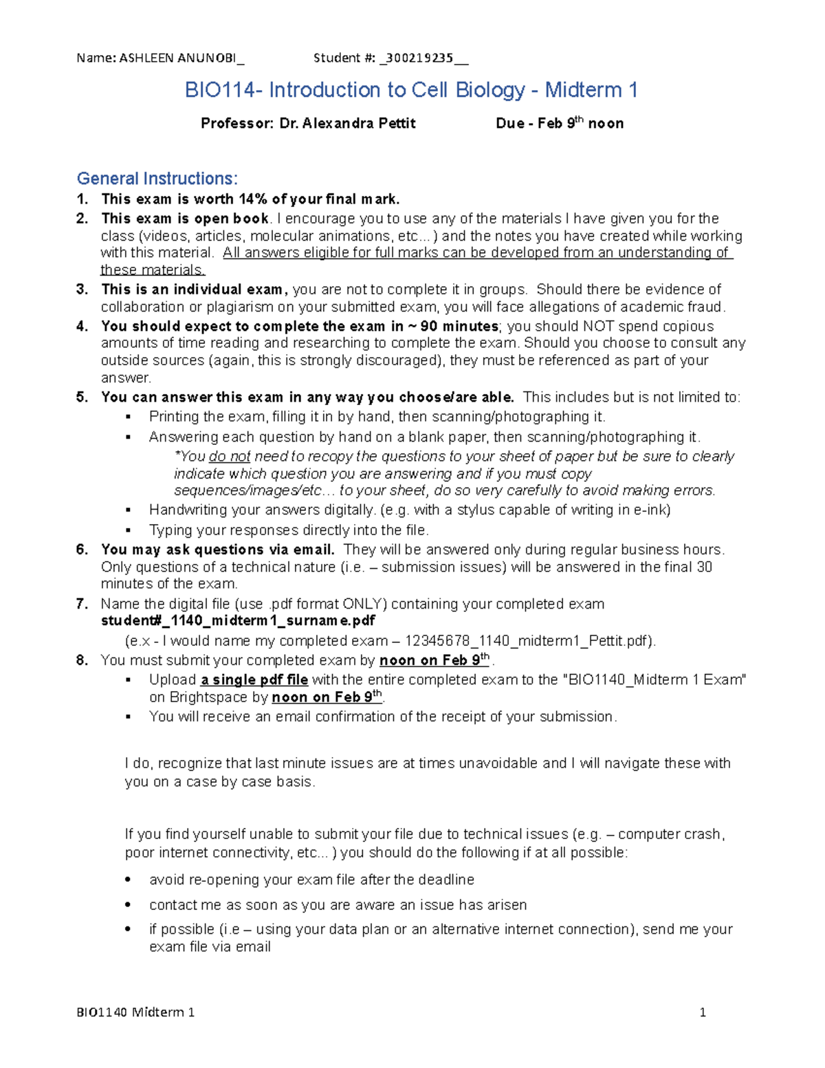 BIO1140-2021-Midterm 1 Introduction to cell biology BIO1140 - BIO114- Introduction to Cell ...