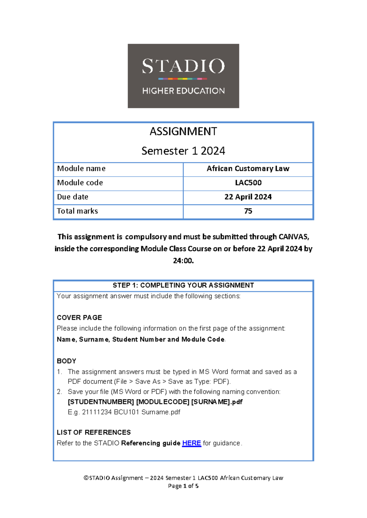 LAC500 2024 01 ASMT - Please this will help you for referral - ©STADIO Assignment – 2024 ...