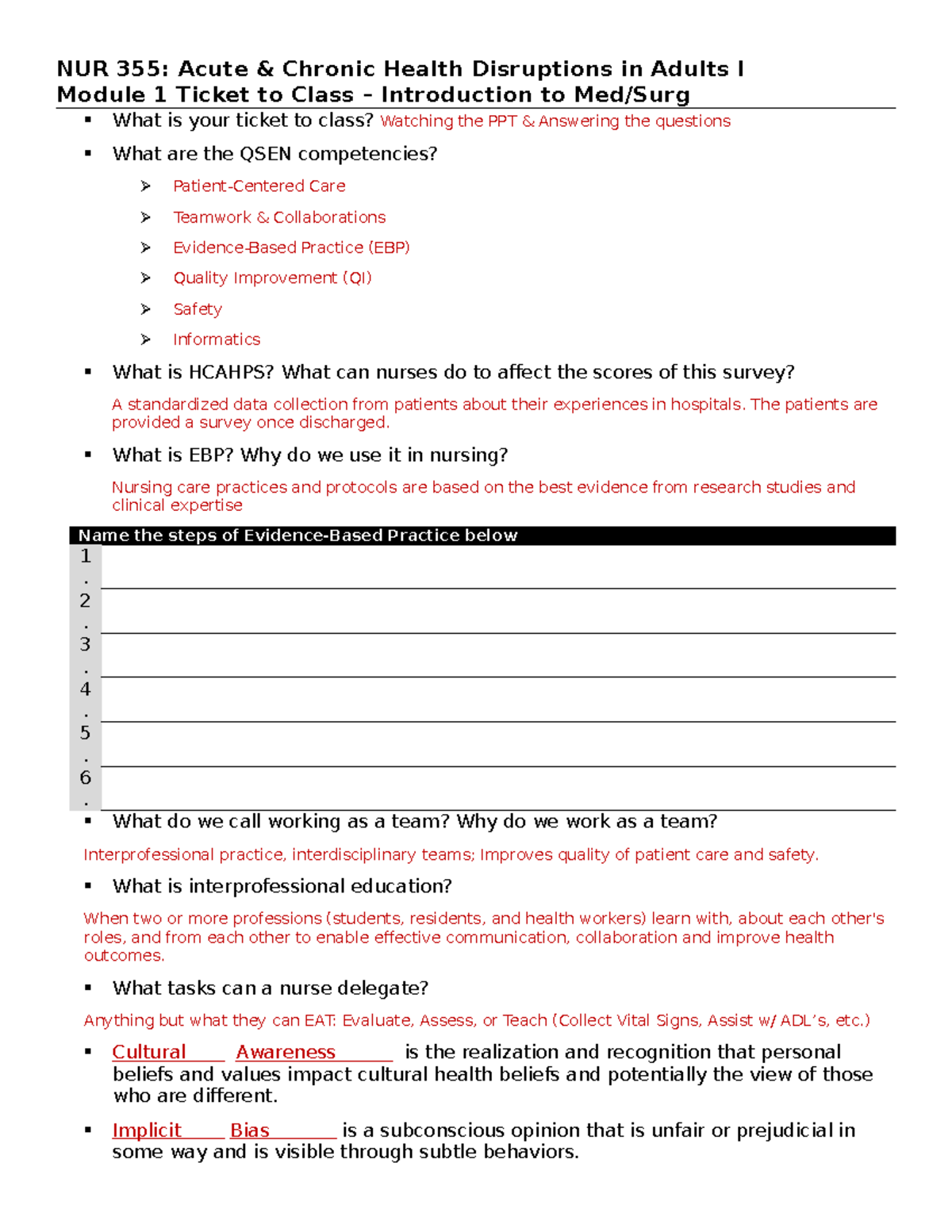 NUR 355 Adult medsurg ticket to class - NUR 355: Acute & Chronic Health ...