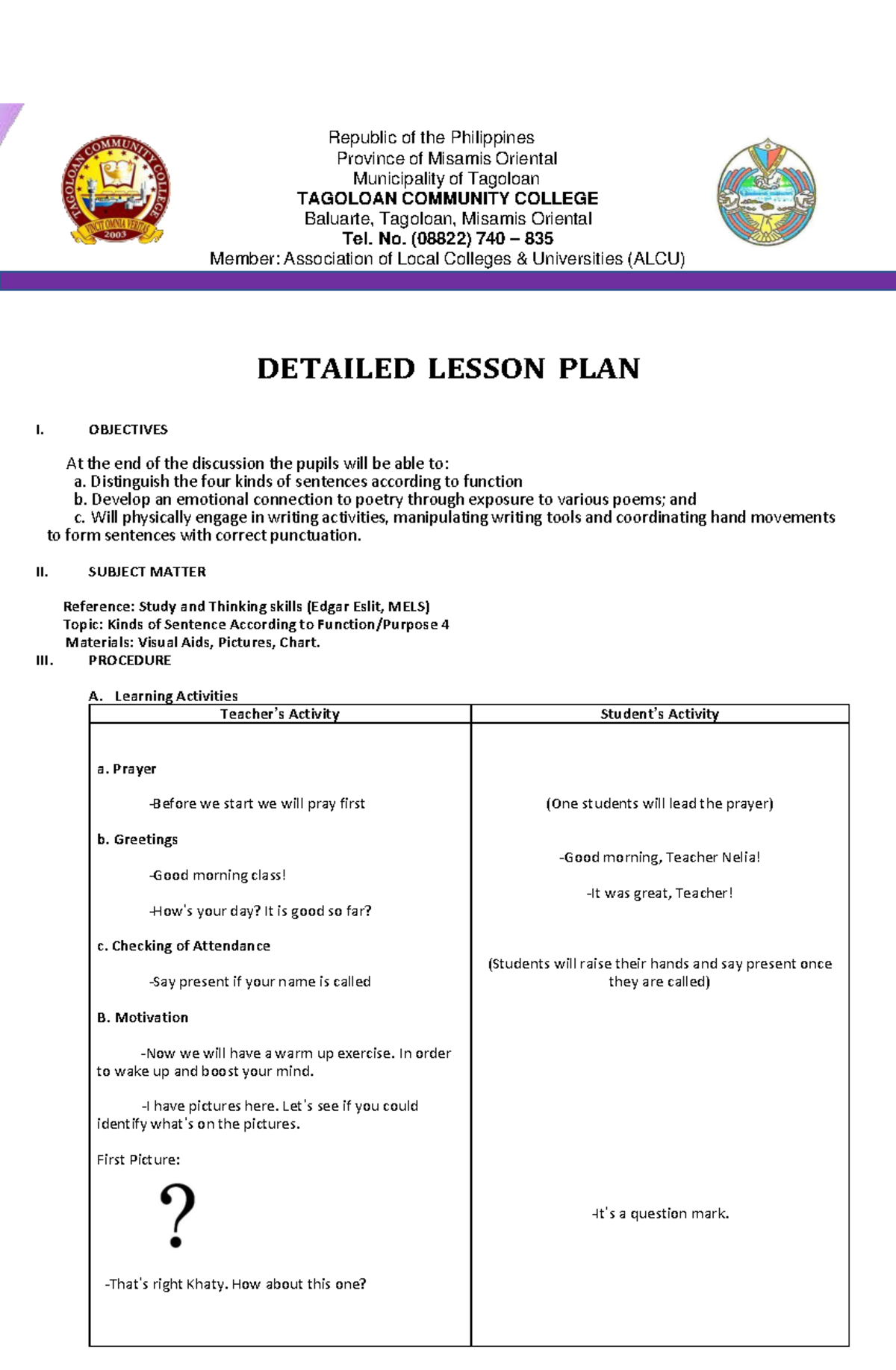 T-ENG DLP - English detailed lesson plan - Republic of the Philippines ...