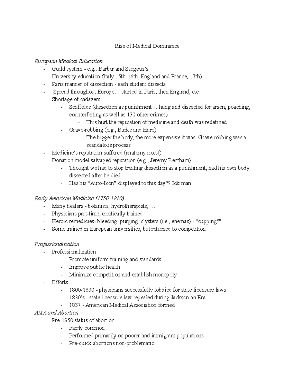 Lecture Notes (8 30) - Rise of Medical Dominance European Medical ...