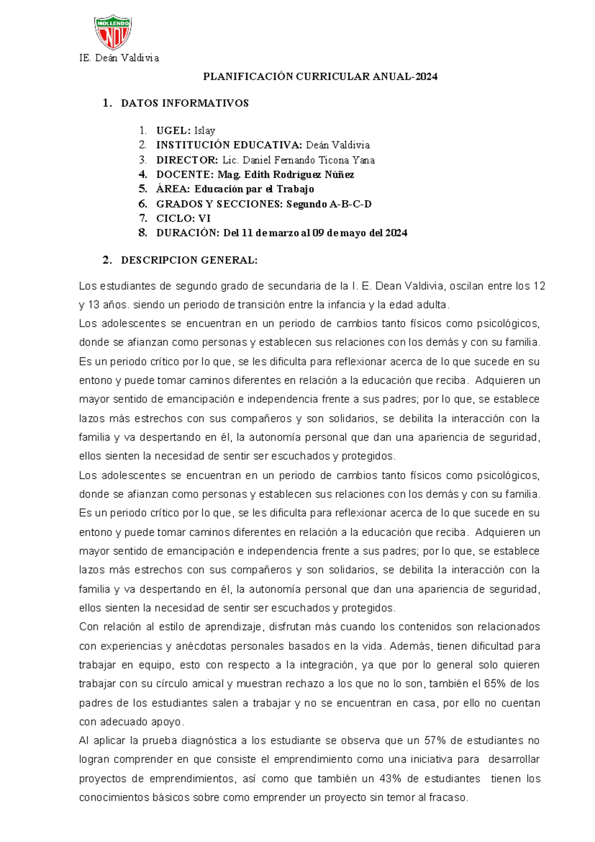 Planificación Anual ept 2024 Segundo - PLANIFICACIÓN CURRICULAR ANUAL- 1. DATOS INFORMATIVOS 1 ...