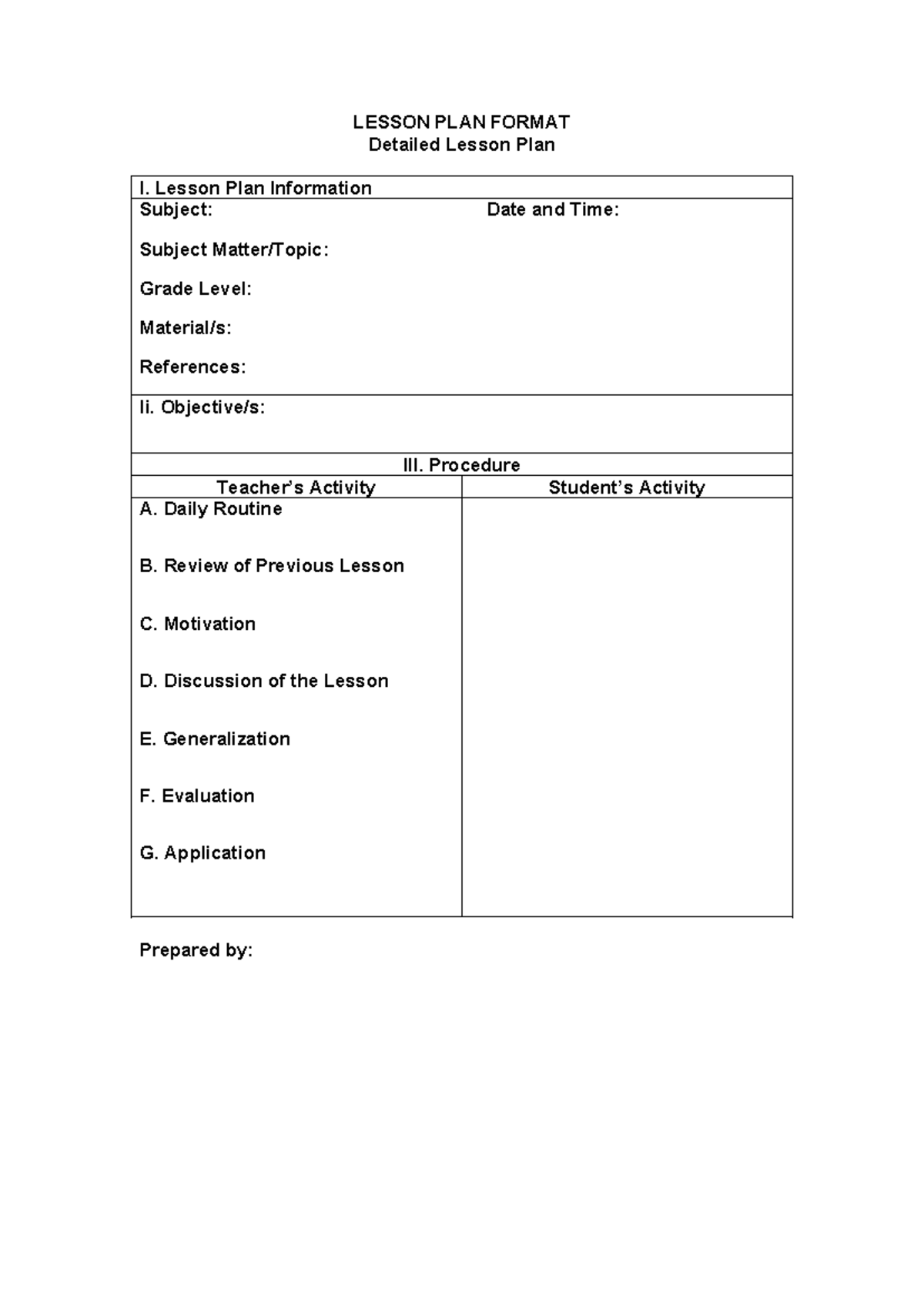 Lesson-Plan-Format - Format of Lesson Plan - Bachelor in Secondary ...