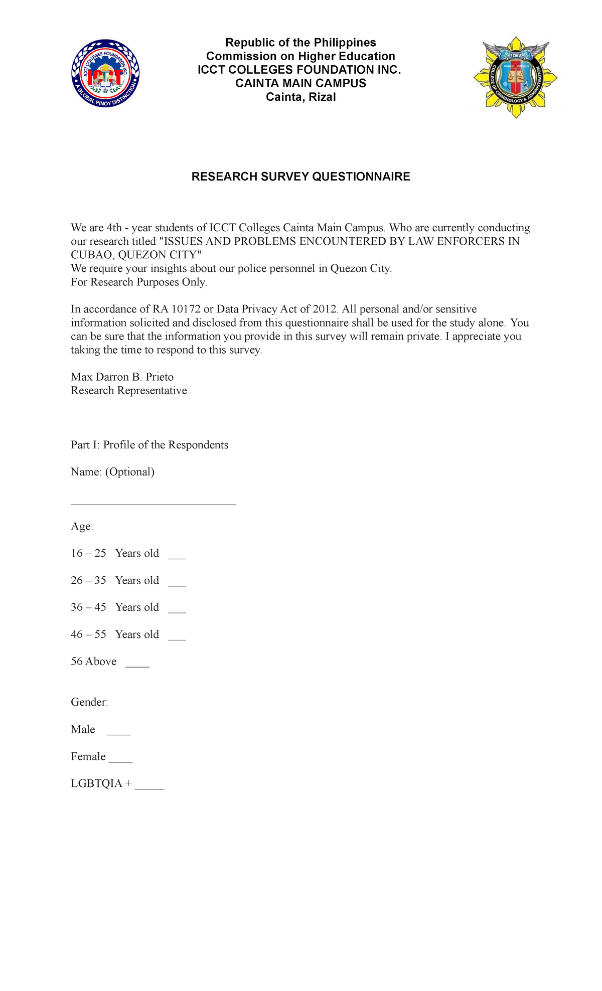 Research Survey Questionnaire - Commission on Higher Education ICCT ...