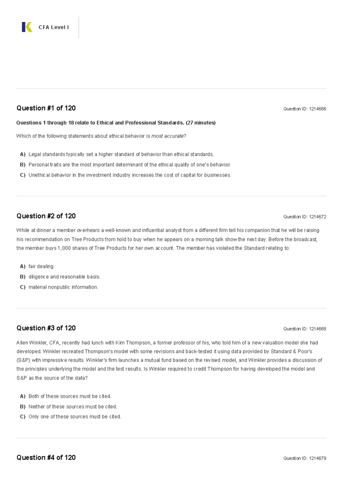 V2 Exam 2 AM - CFA I - Question #1 of 120 Question ID: 1214666 A) B) C ...
