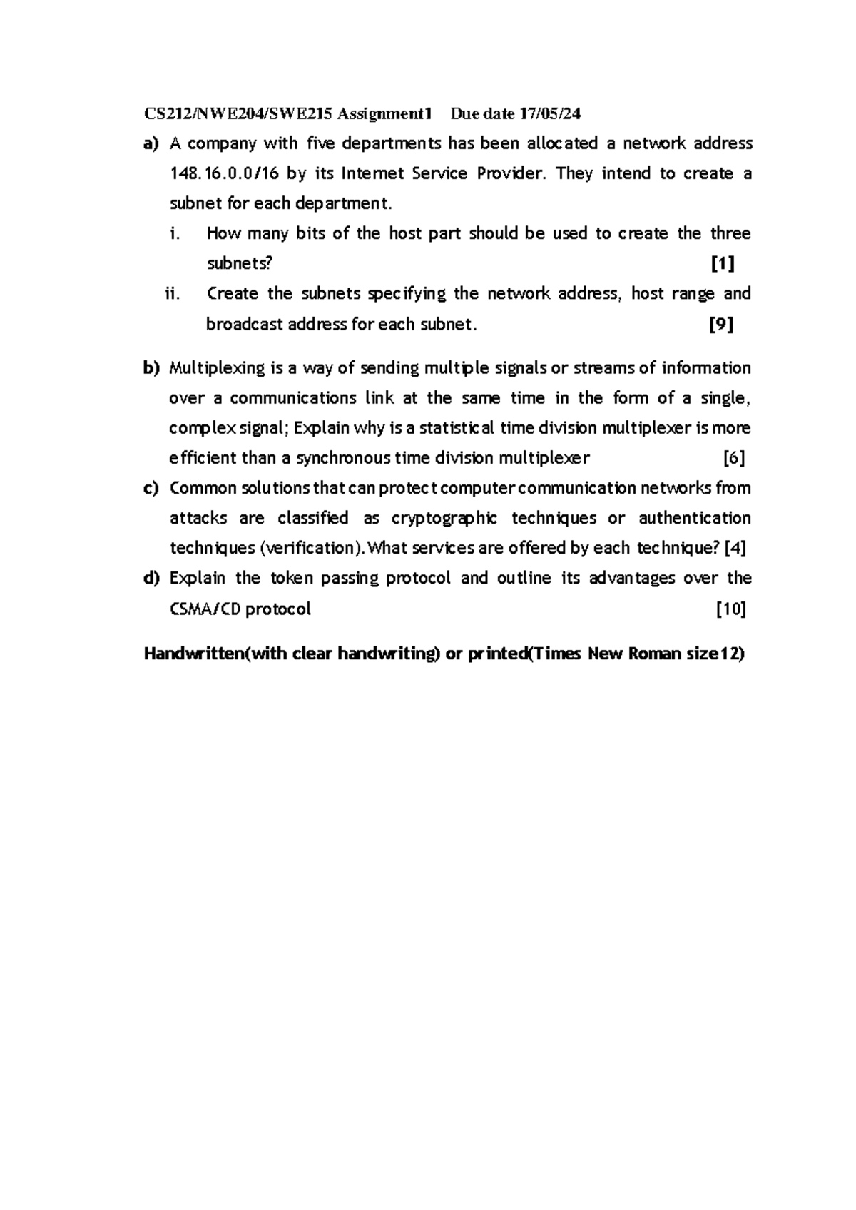 CS212 NWE204 SWE215 Assignment 1 September 2024 - CS212/NWE204/SWE215 Assignment1 Due date 17/05 ...