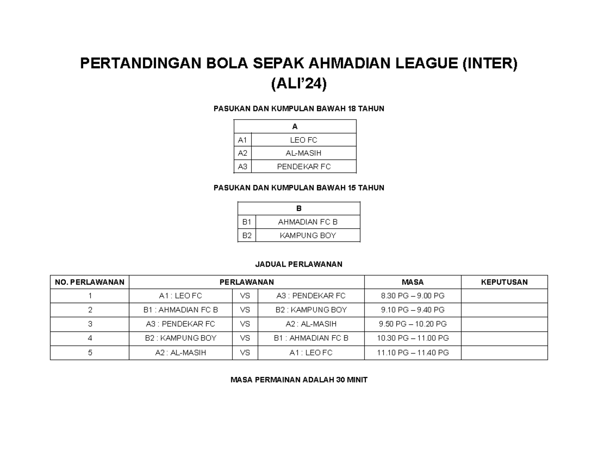 ALI'24 - PERTANDINGAN BOLA SEPAK AHMADIAN LEAGUE (INTER) (ALI’24) PASUKAN DAN KUMPULAN BAWAH 18 ...