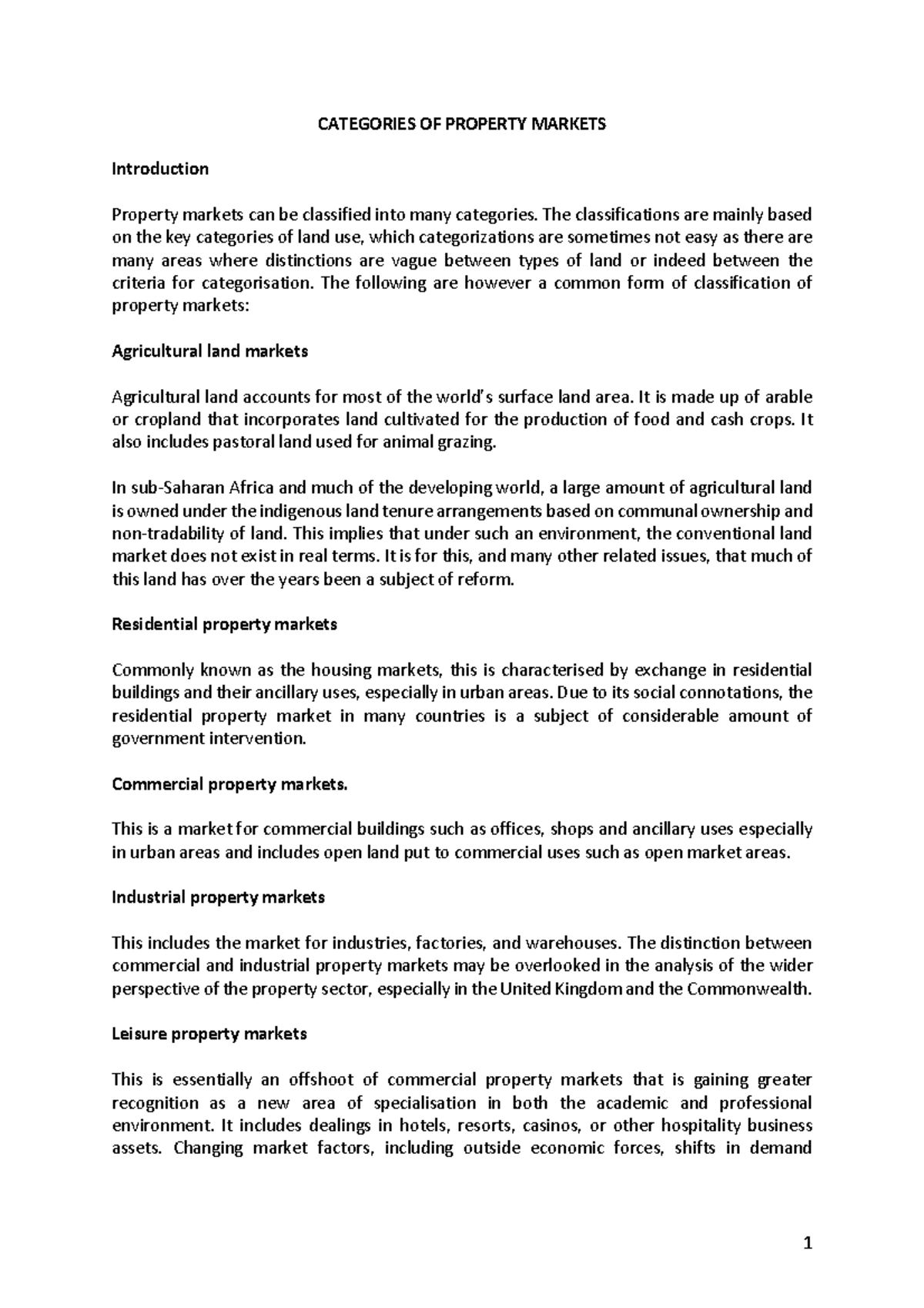 Categories of Property Markets - CATEGORIES OF PROPERTY MARKETS ...