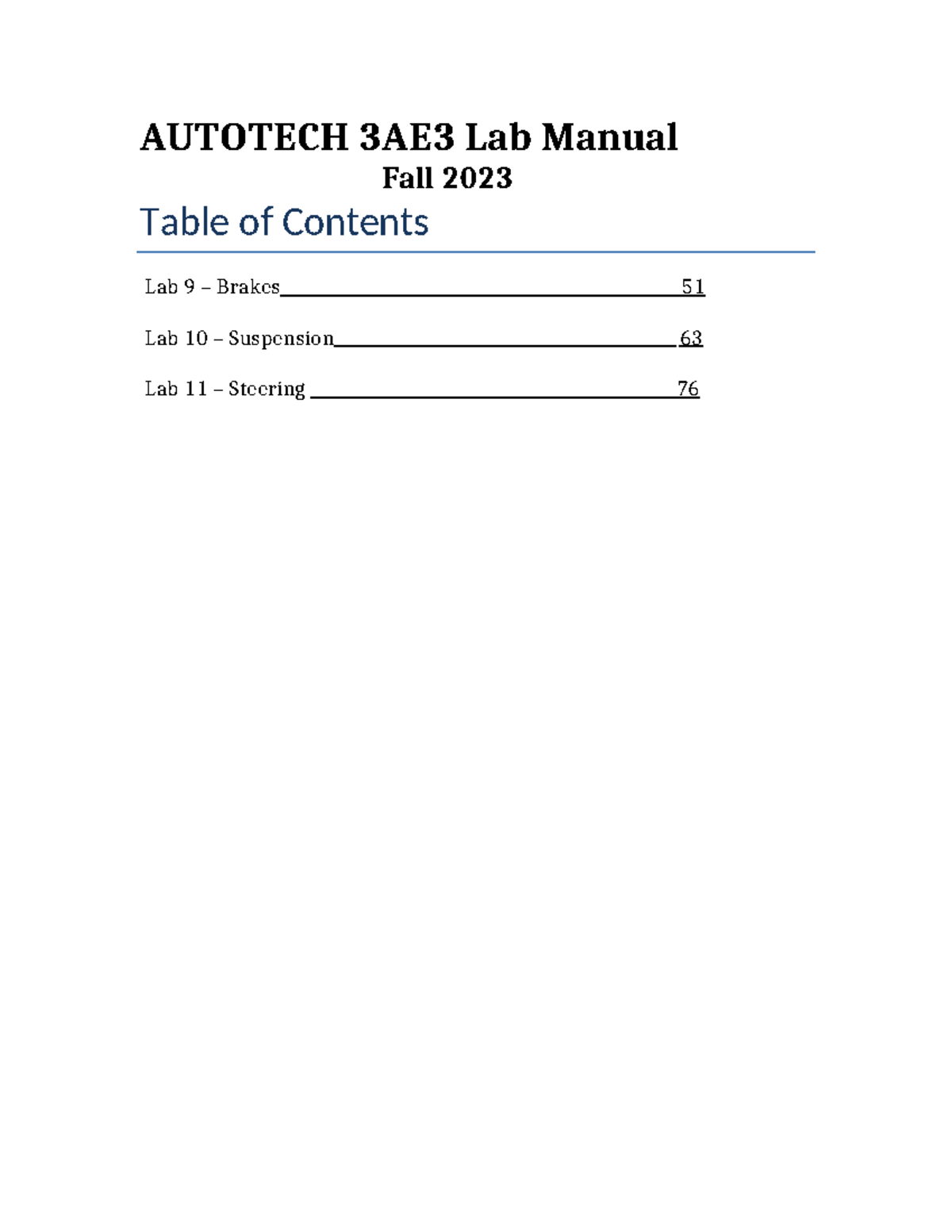 Automotive Lab +R1 - AUTOTECH 3AE3 Lab Manual Fall 2023 Table of ...