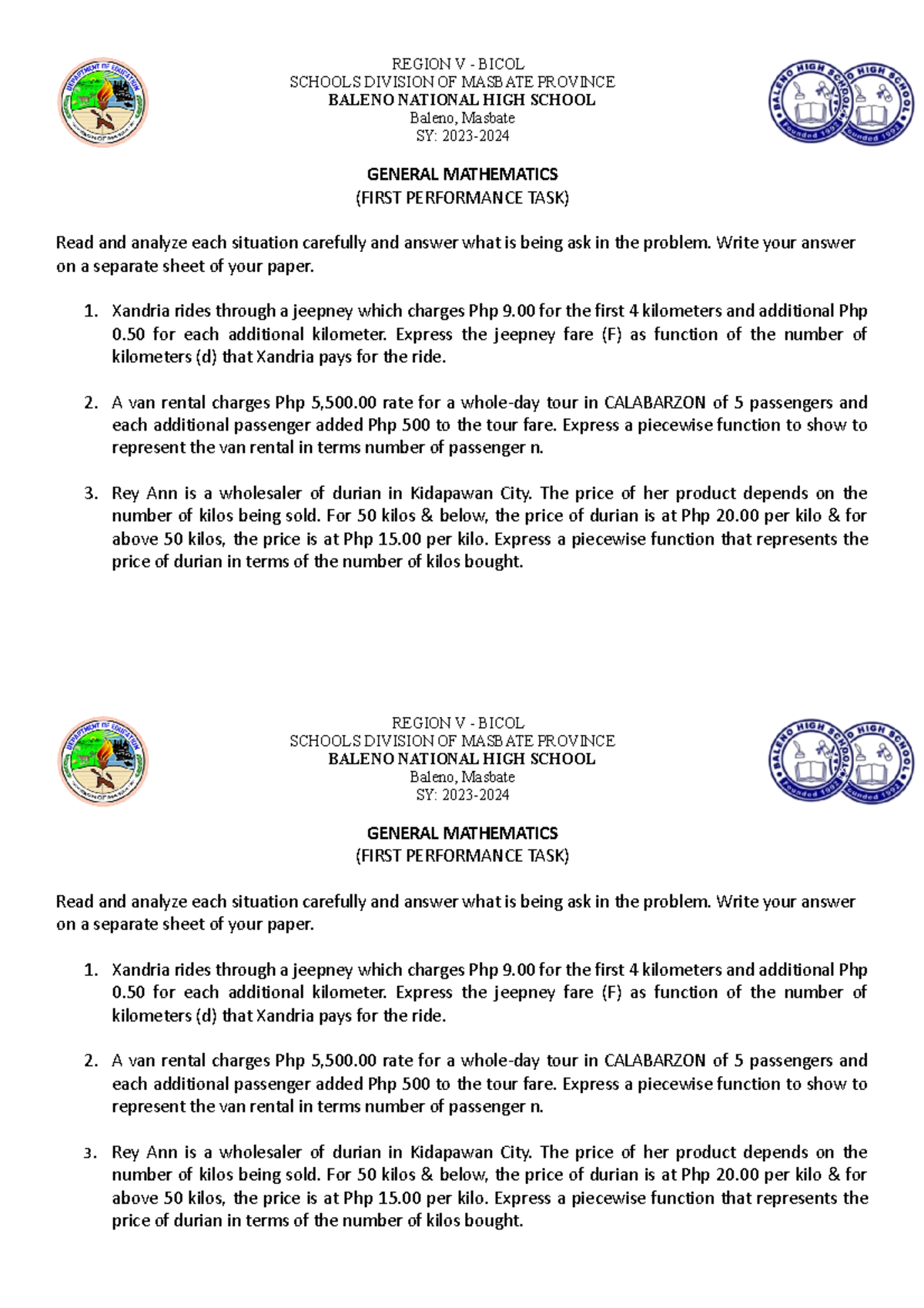 GEN MATH 1ST Performance TASK - REGION V - BICOL SCHOOLS DIVISION OF ...