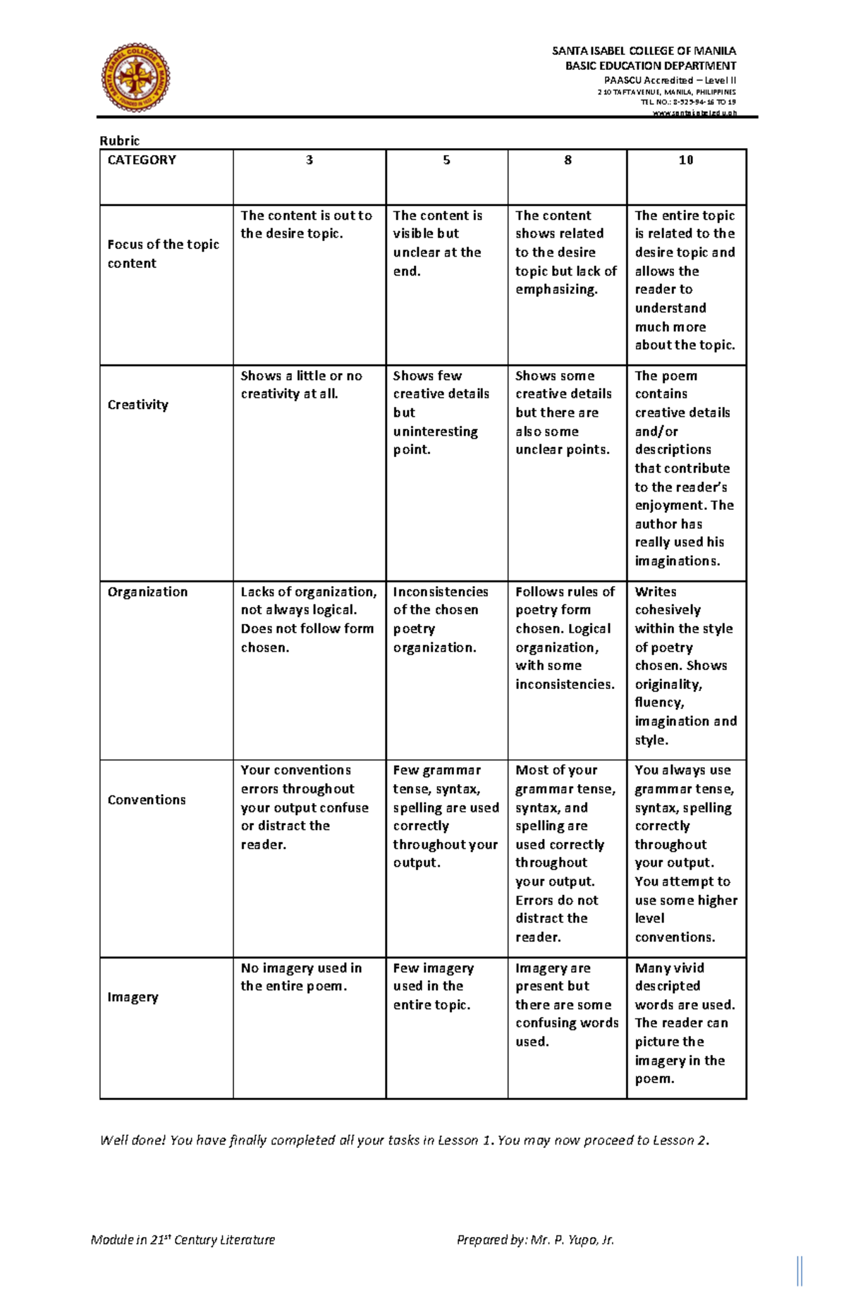 POEM Rubric - oral communication in context - SANTA ISABEL COLLEGE OF ...
