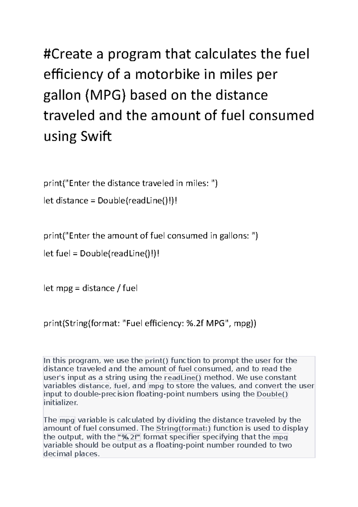 Create A Program That Calculates The Fuel Efficiency Of A Motorbike Using Swift Create A 3013
