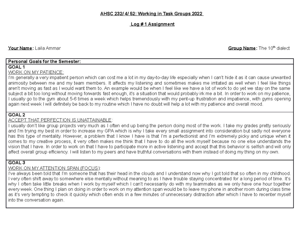 Log 1 group work - AHSC 232/ 4/ 52: Working in Task Groups 2022 Log # 1 ...