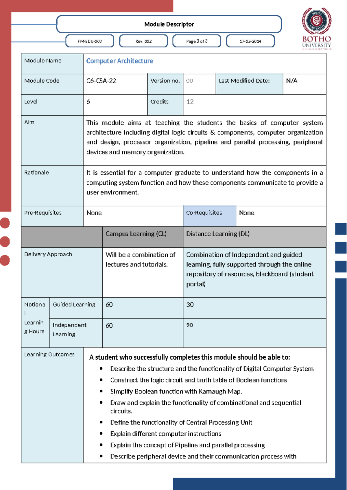 C6-CSA-22 Computer Architecture - Module Descriptor FM-EDU-003 Rev. 002 Page 3 of 3 17-05 ...