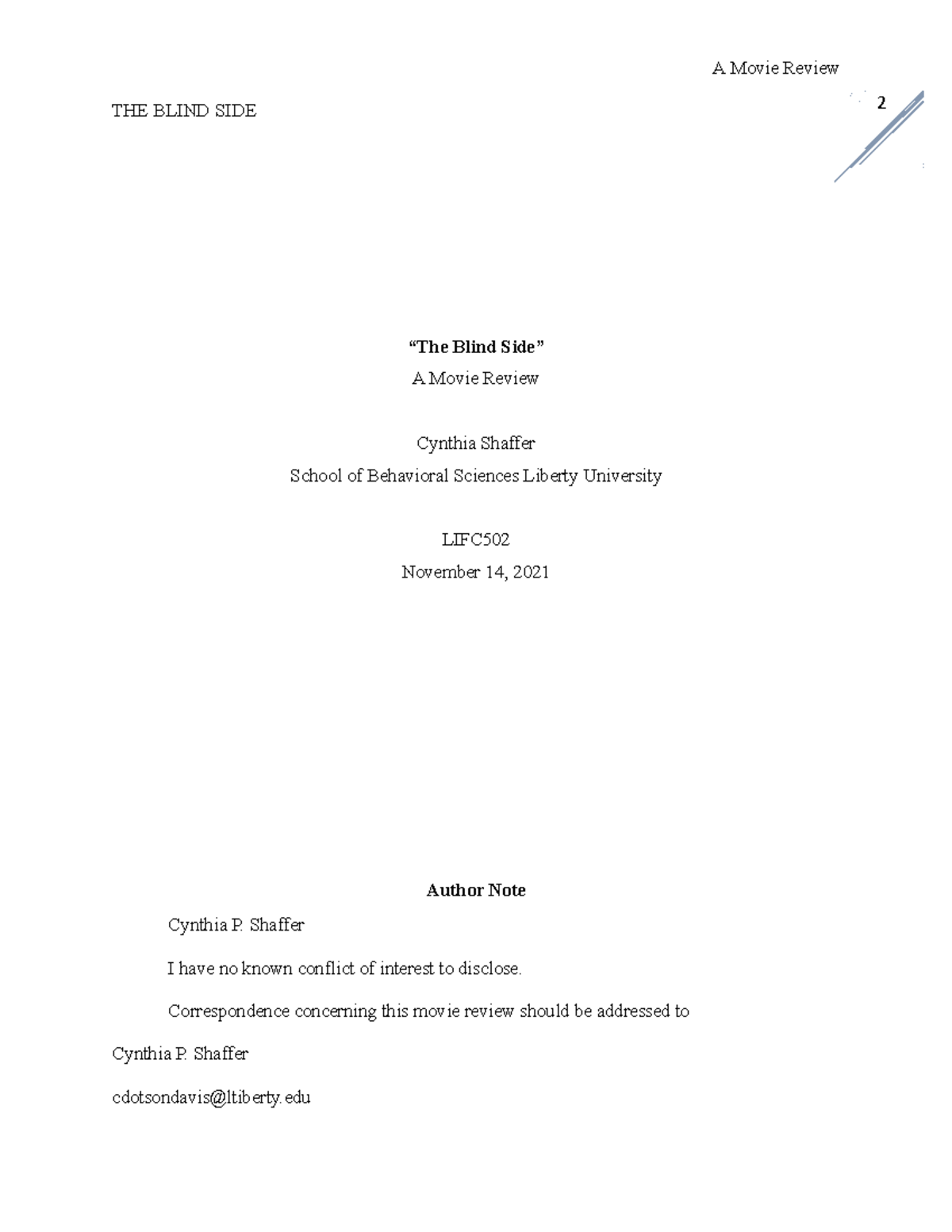 THE Blind SIDE Movie Review Lifco 502 - 2 THE BLIND SIDE “The Blind ...