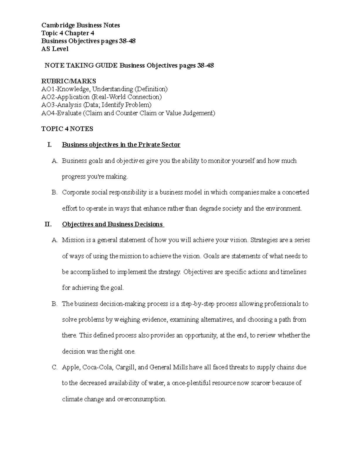 Topic 4 Business Objectives Note Taking Guide AS Level Period 3 - Topic ...