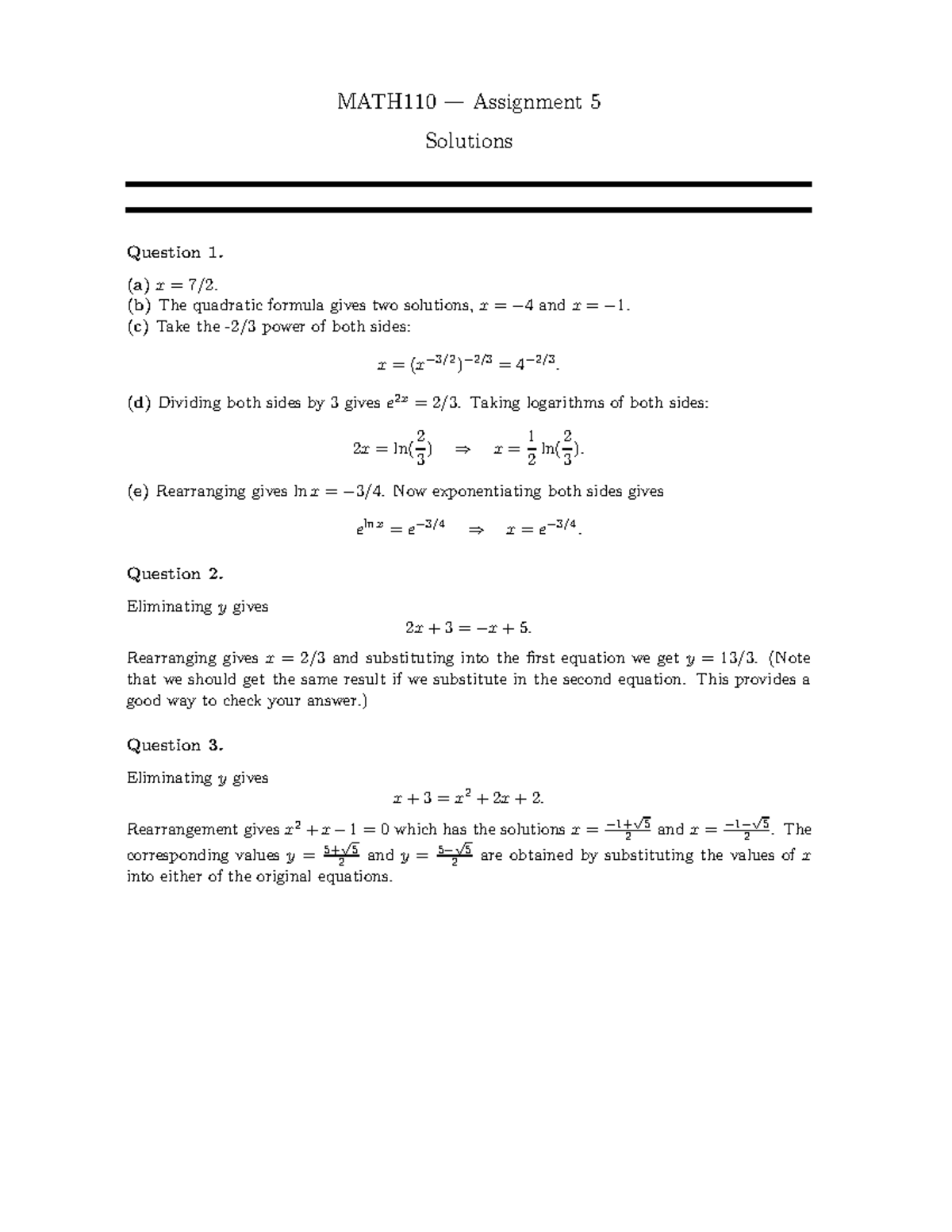 Introductory Mathematical Methods Assignment 5 Solutions Math110 9501