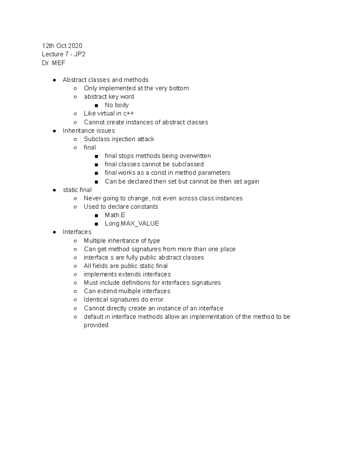 Java Programming Lecture 7 - 12th Oct 2020 - 12th Oct 2020 Lecture 7 ... Java Programming Lecture 7 - 12th Oct 2020 - 12th Oct 2020 Lecture 7 ...