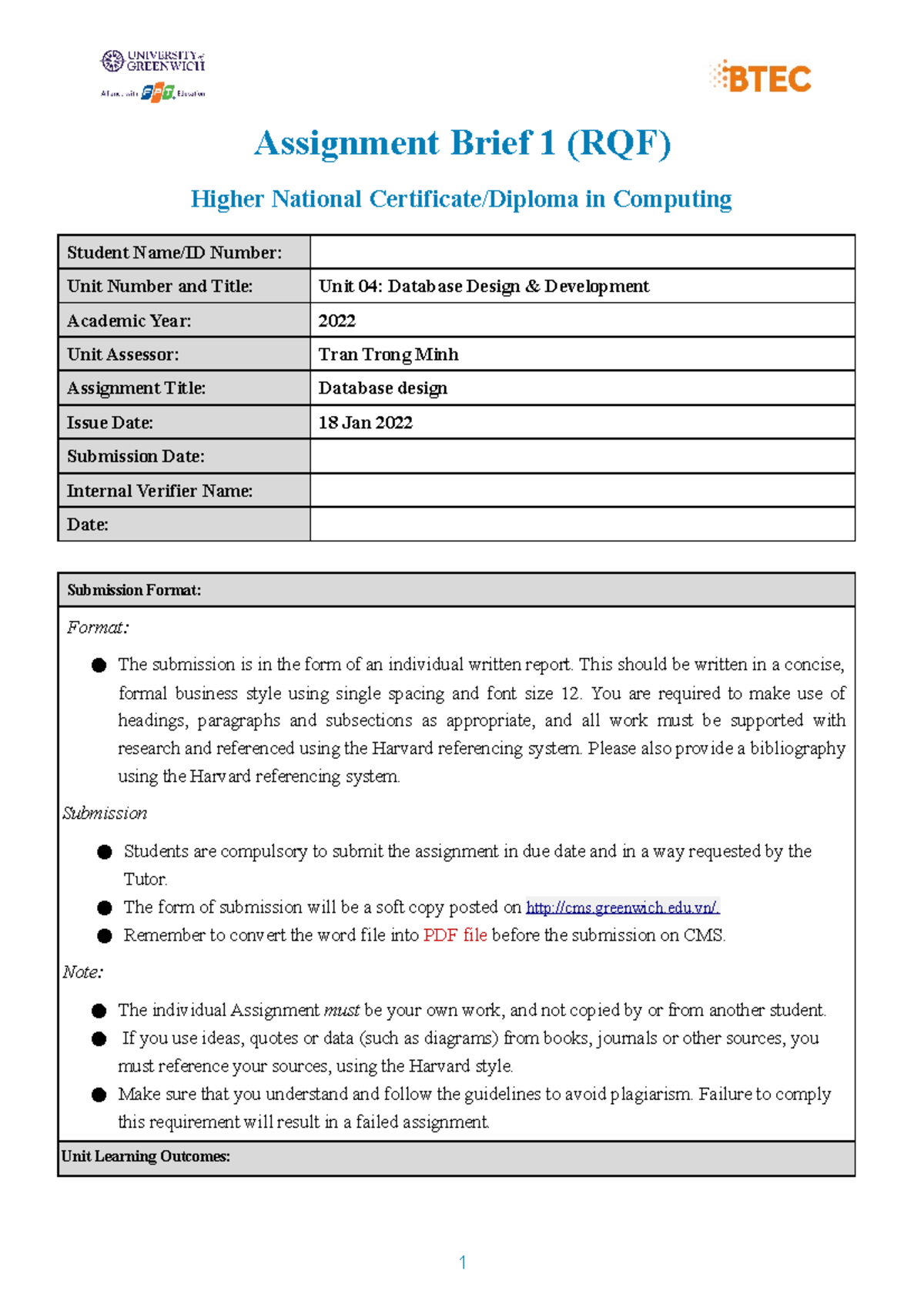 1 04-DDD.Assignment 1 brief - Assignment Brief 1 (RQF) Higher National ...