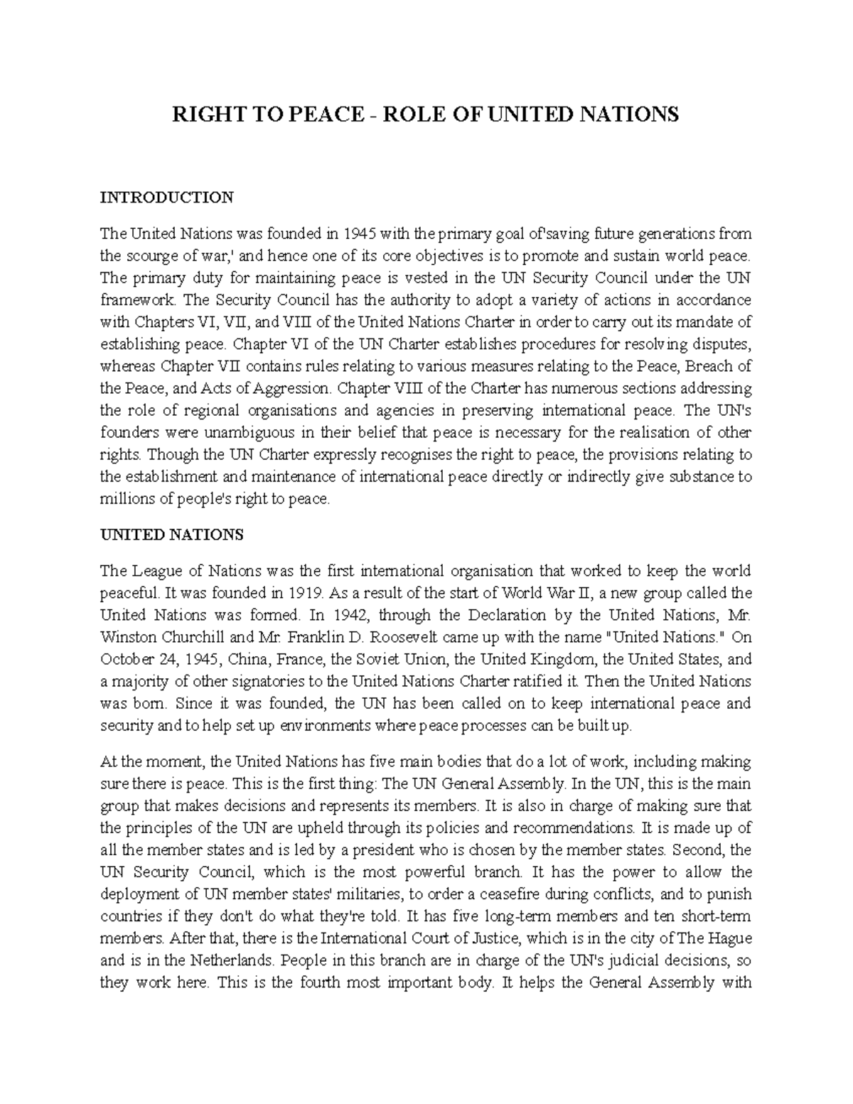 Right TO Peace ROLE OF United Nations - RIGHT TO PEACE - ROLE OF UNITED ...