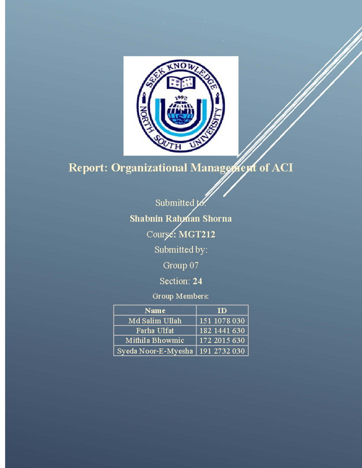 Mgt 212 Report on Aci - Report: Organizational Management of ACI ...