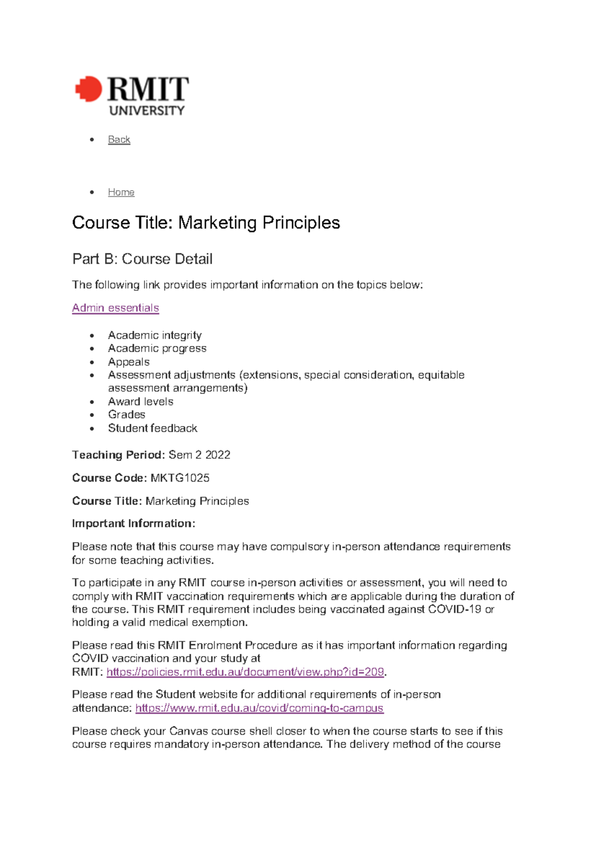 MKTG1025 -Marketing Principles Course Overview - • Back • Home Course ...