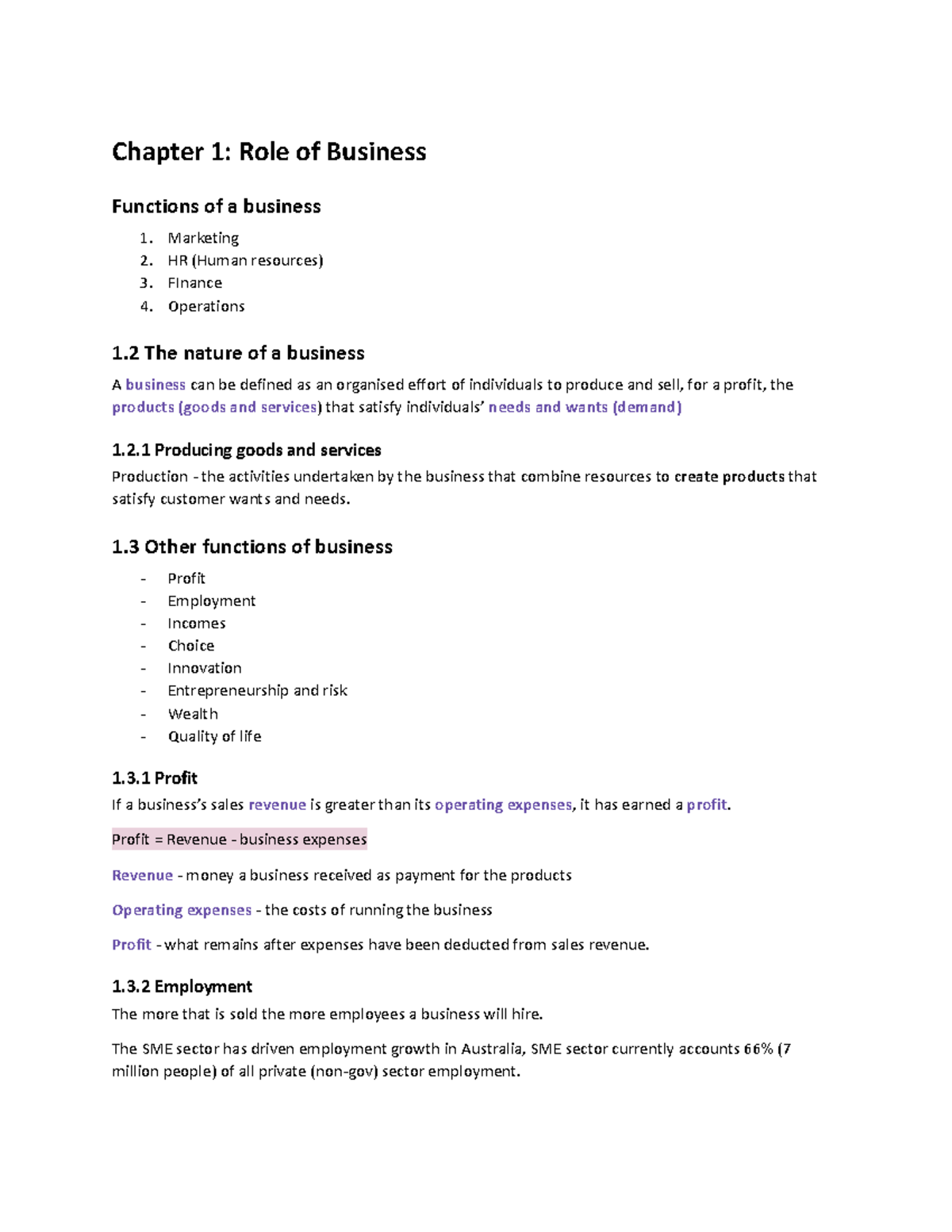 Business Studies Term 1 - Chapter 1: Role of Business Functions of a ...