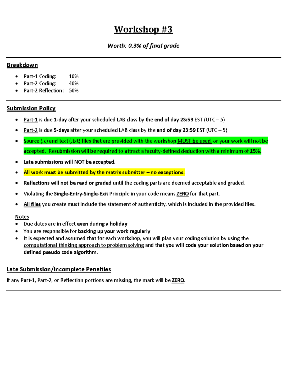 Workshop 03 - ddd - Workshop Worth: 0. 3 % of final grade Breakdown • Part- 1 Coding: 10% • Part ...