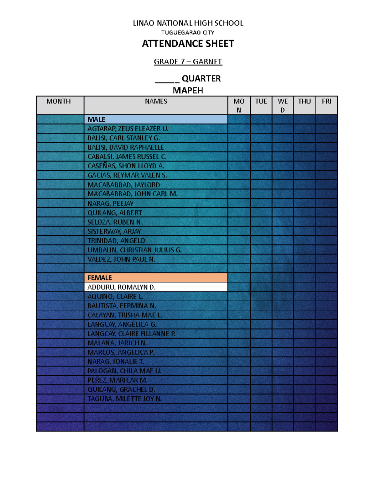 7 Garnet Attendance Sheet - LINAO NATIONAL HIGH SCHOOL TUGUEGARAO CITY ATTENDANCE SHEET GRADE 7 ...