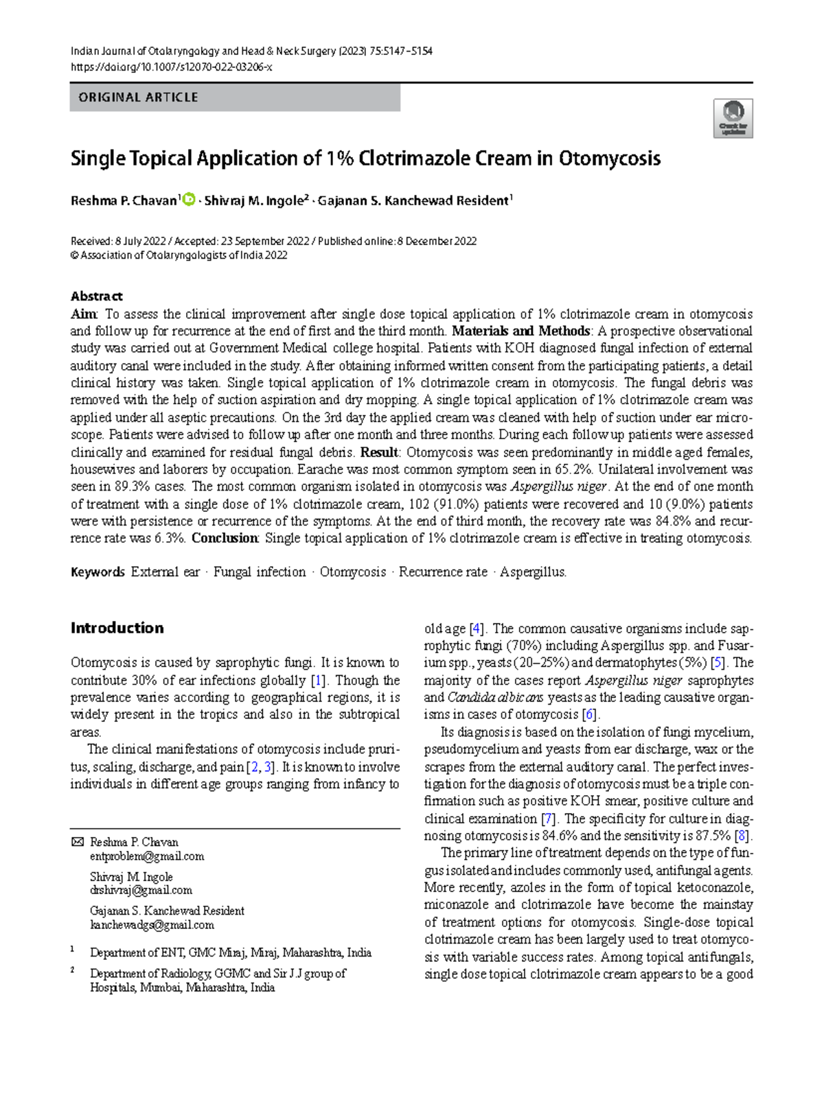 Single Topical Application of 1% Clotrimazole Cream in Otomycosis ...