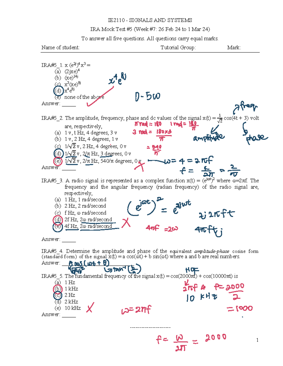 Mock ira 5 - Mock ira 5 - IE2110 - SIGNALS AND SYSTEMS IRA Mock Test #5 ...