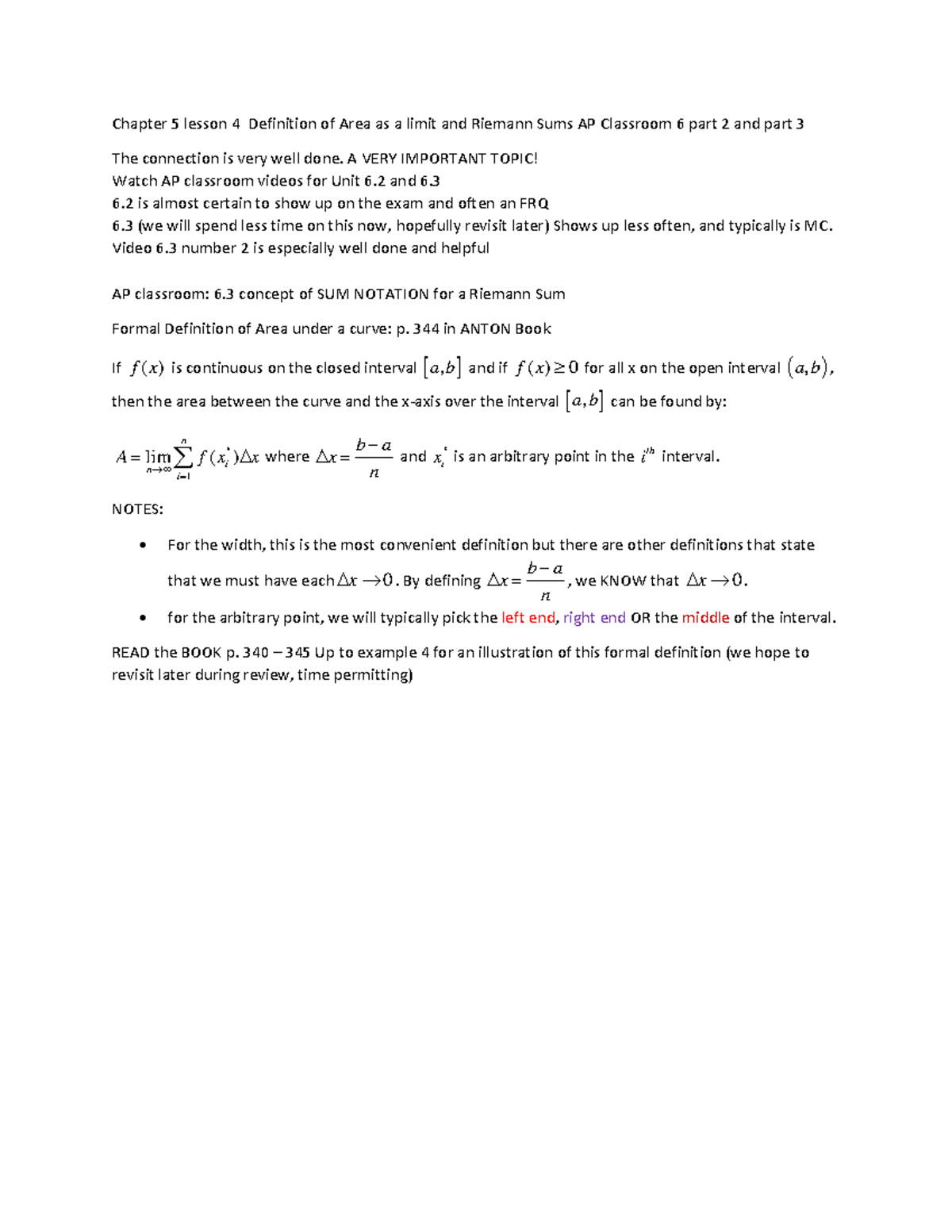 Chapter 5 lesson 4 Definition of Area as a limit and Riemann Sums AP ...