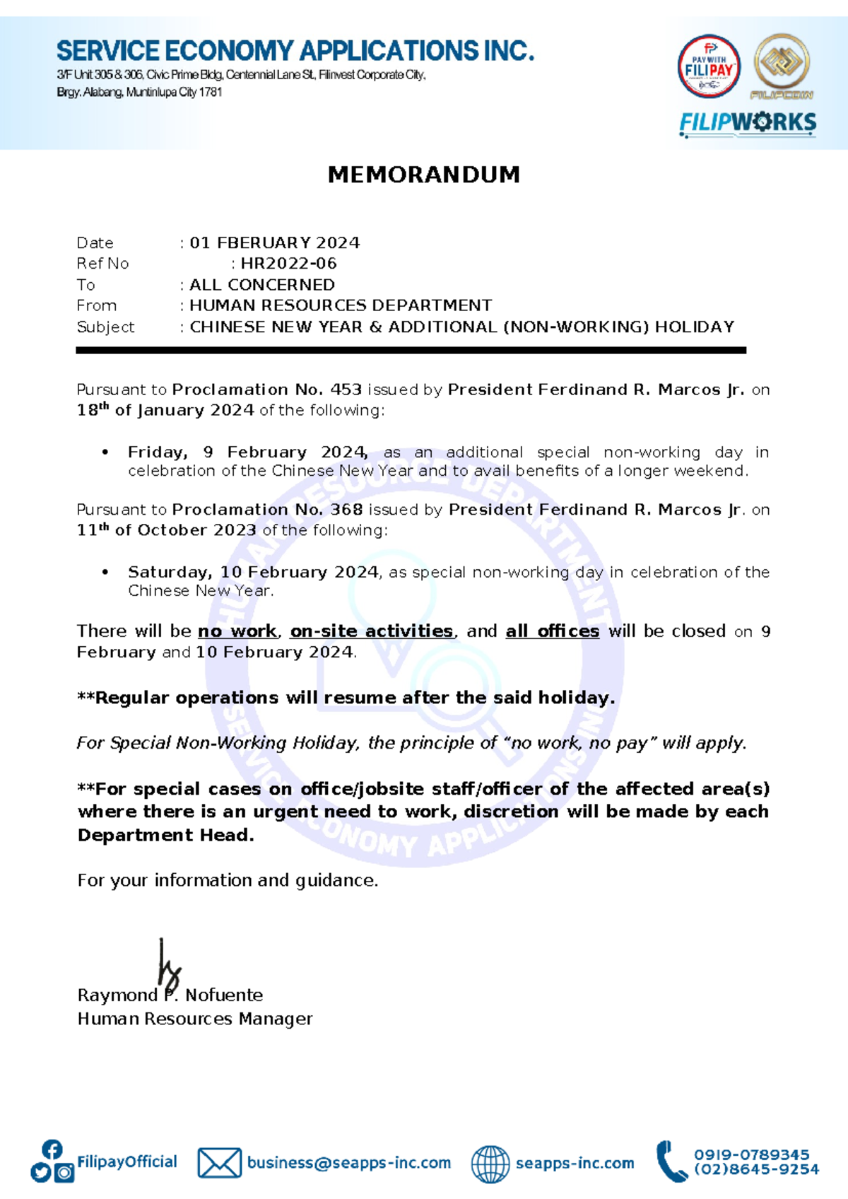 sample Memo Draft - MEMORANDUM Date : 01 FBERUARY 2024 Ref No : HR2022 ...