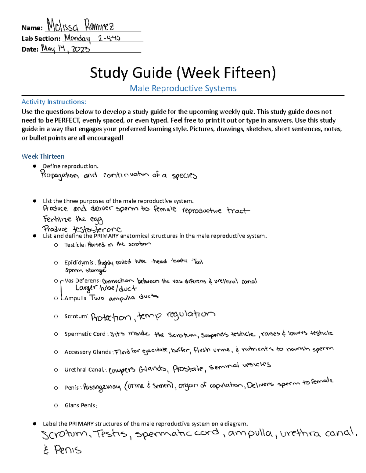 Study Guide (Week Thirteen) 230514 213002 - Name ...