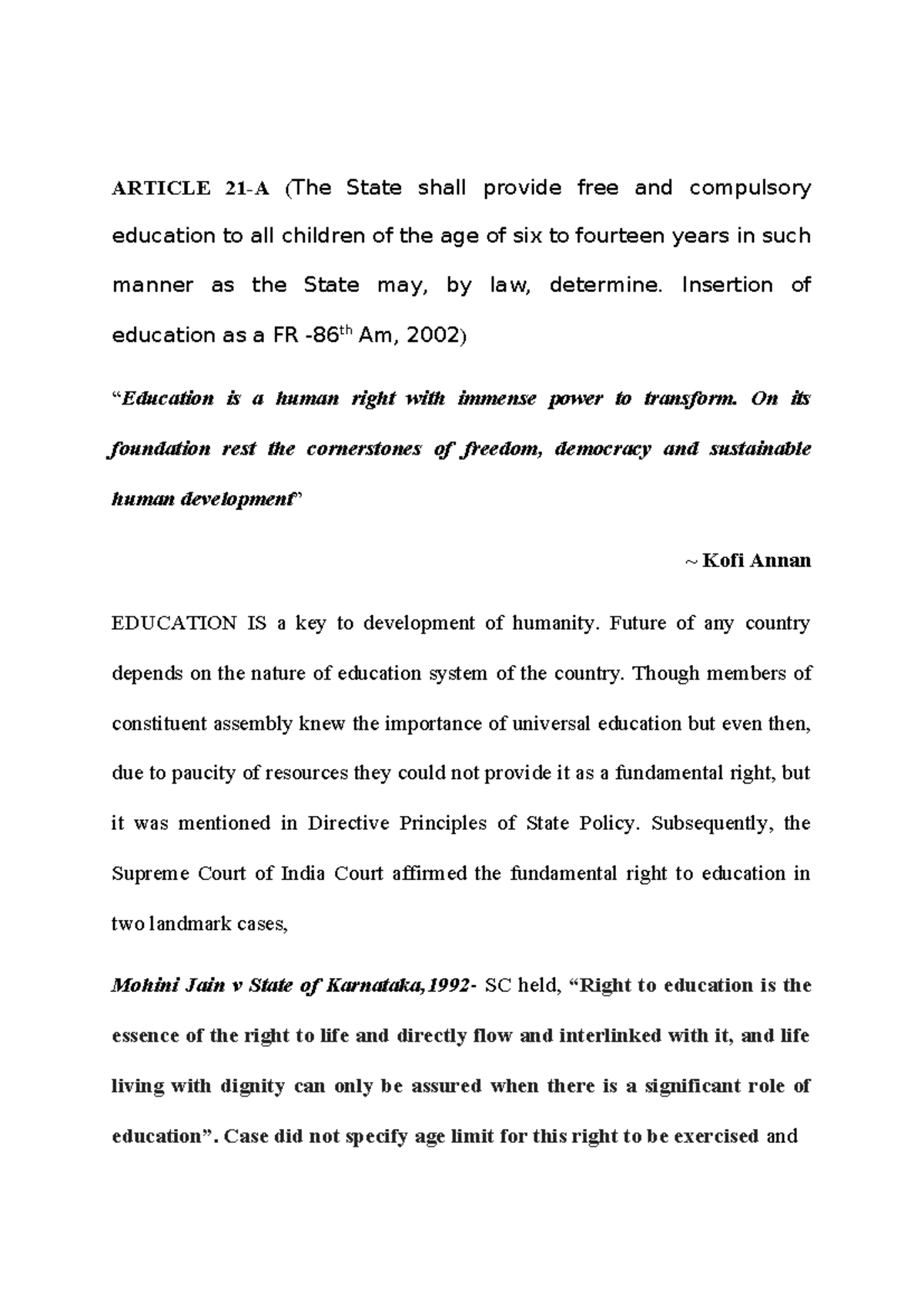 Article 21A - ARTICLE 21-A (The State shall provide free and compulsory ...