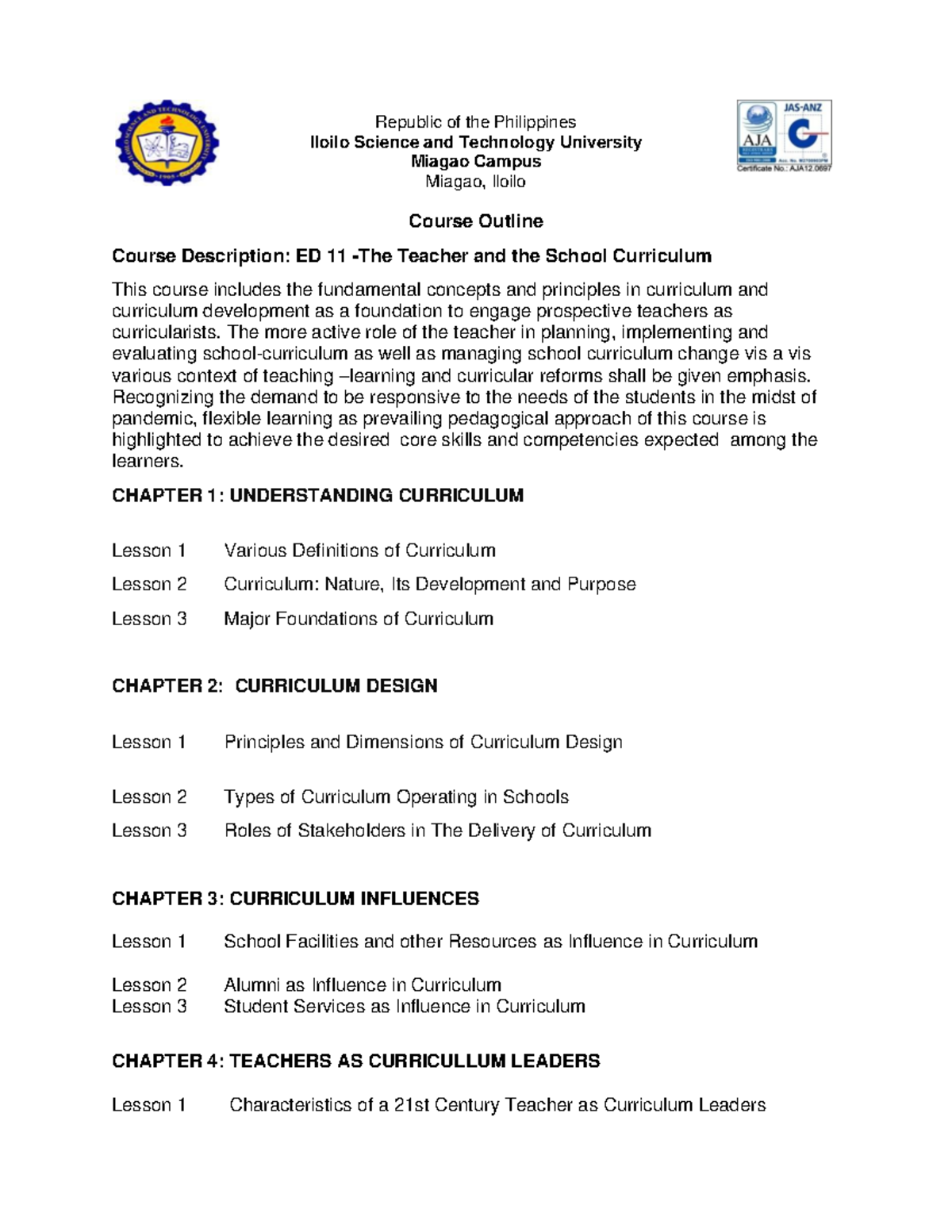 Course outline - Republic of the Philippines Iloilo Science and ...