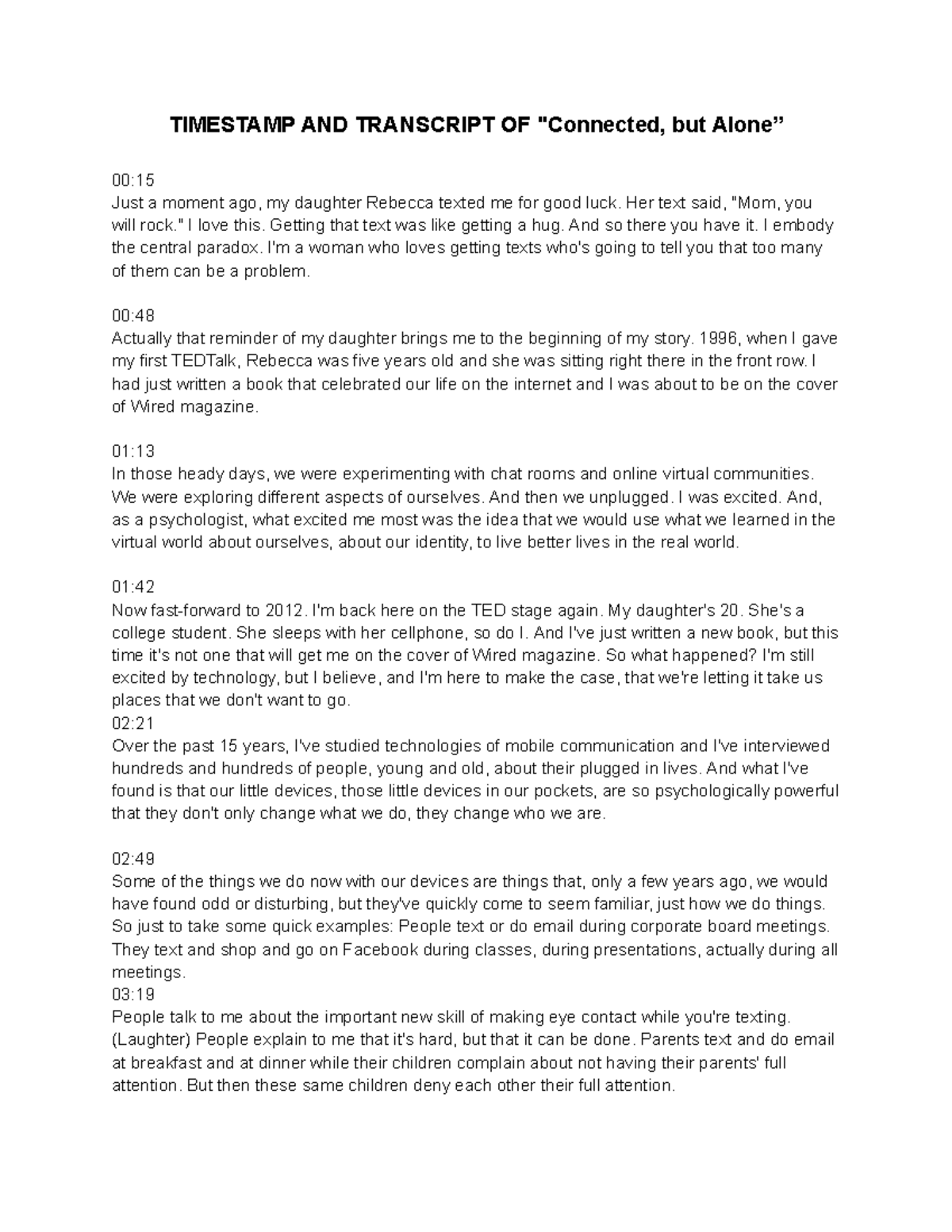Timestamp AND Transcript OF Connected, but Alone” - TIMESTAMP AND ...