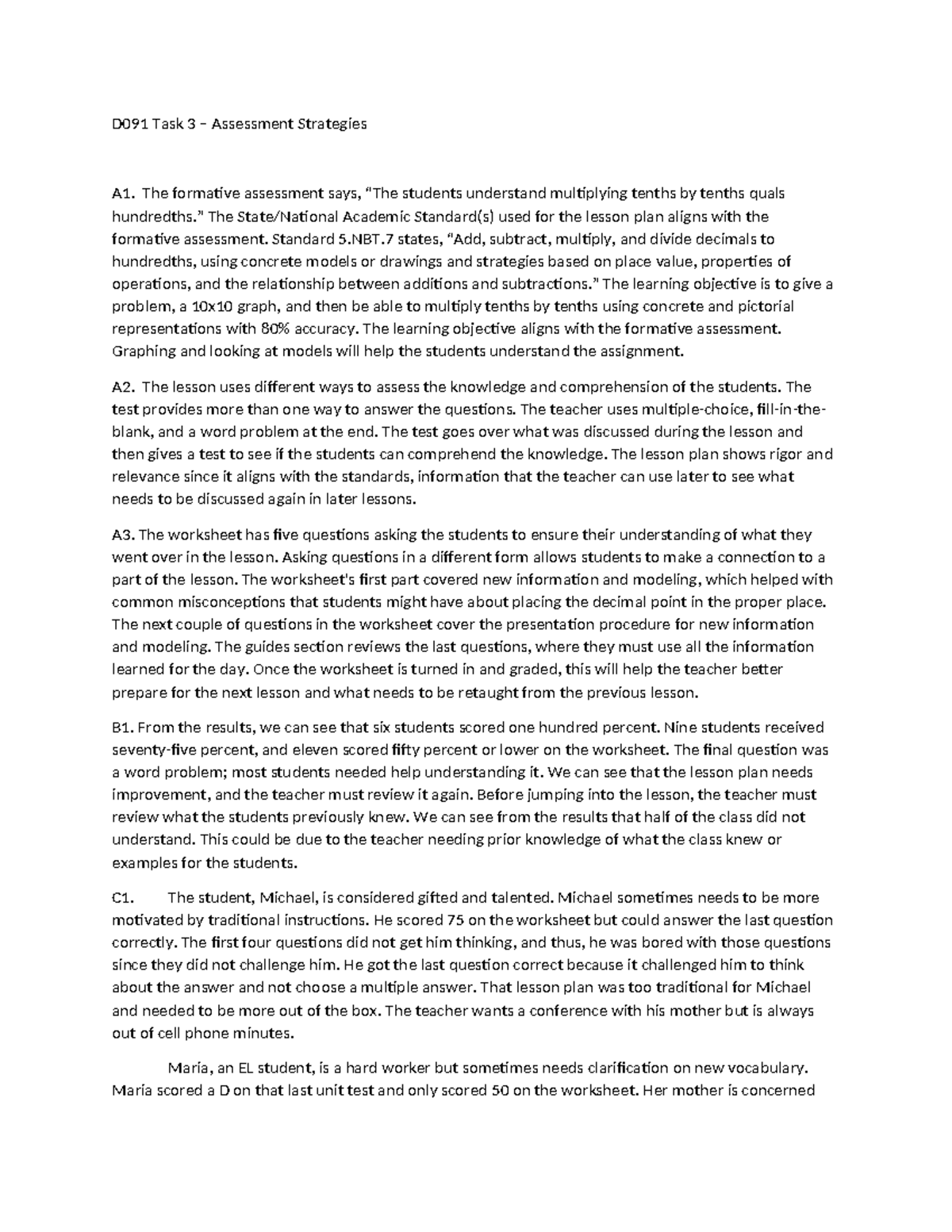 D091-task3 - D091 Task 3 – Assessment Strategies A1. The formative ...