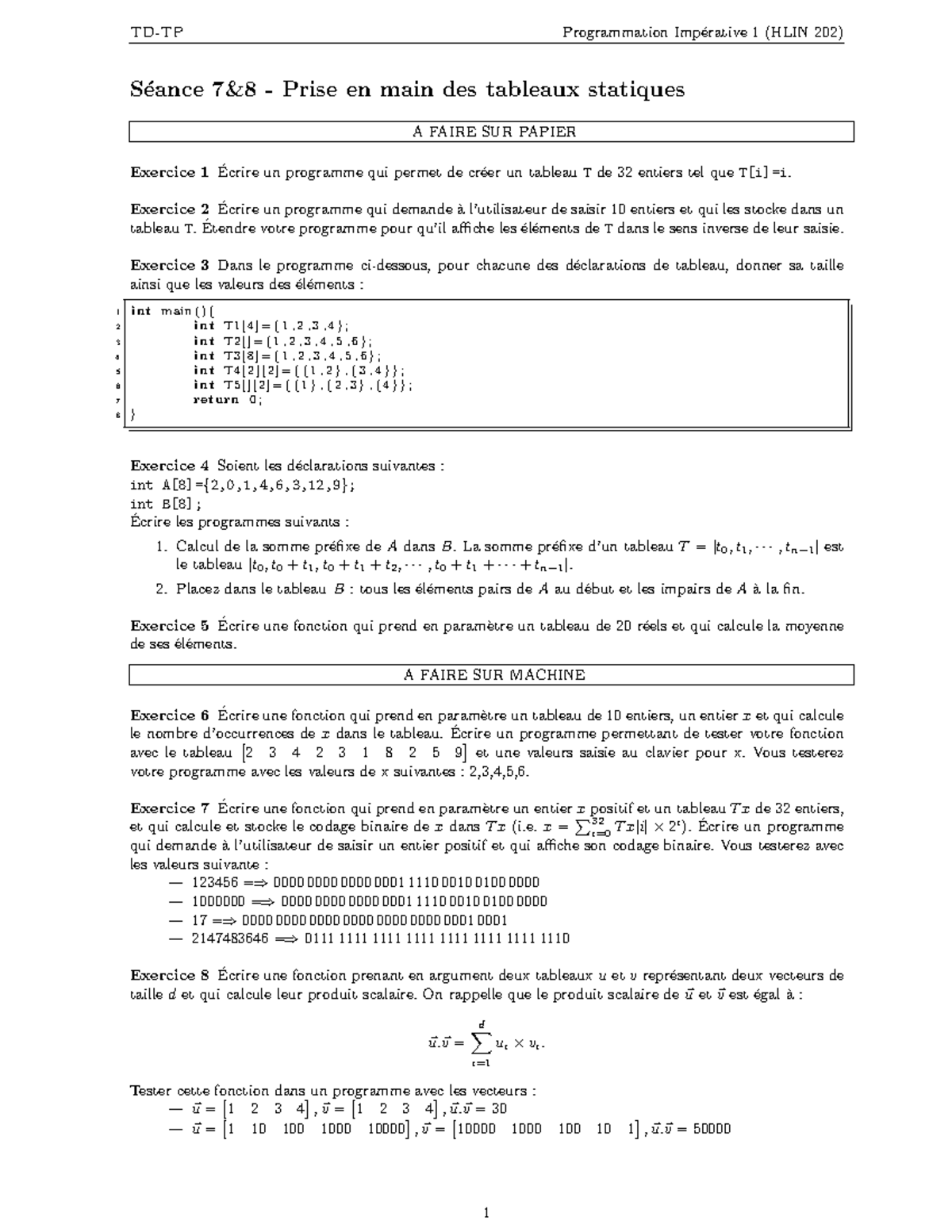 TD-TP 7-8 - TD Programmation Impérative - Programmation Imp´erative 1 (HLIN 202) TD-TP S´ eance ...