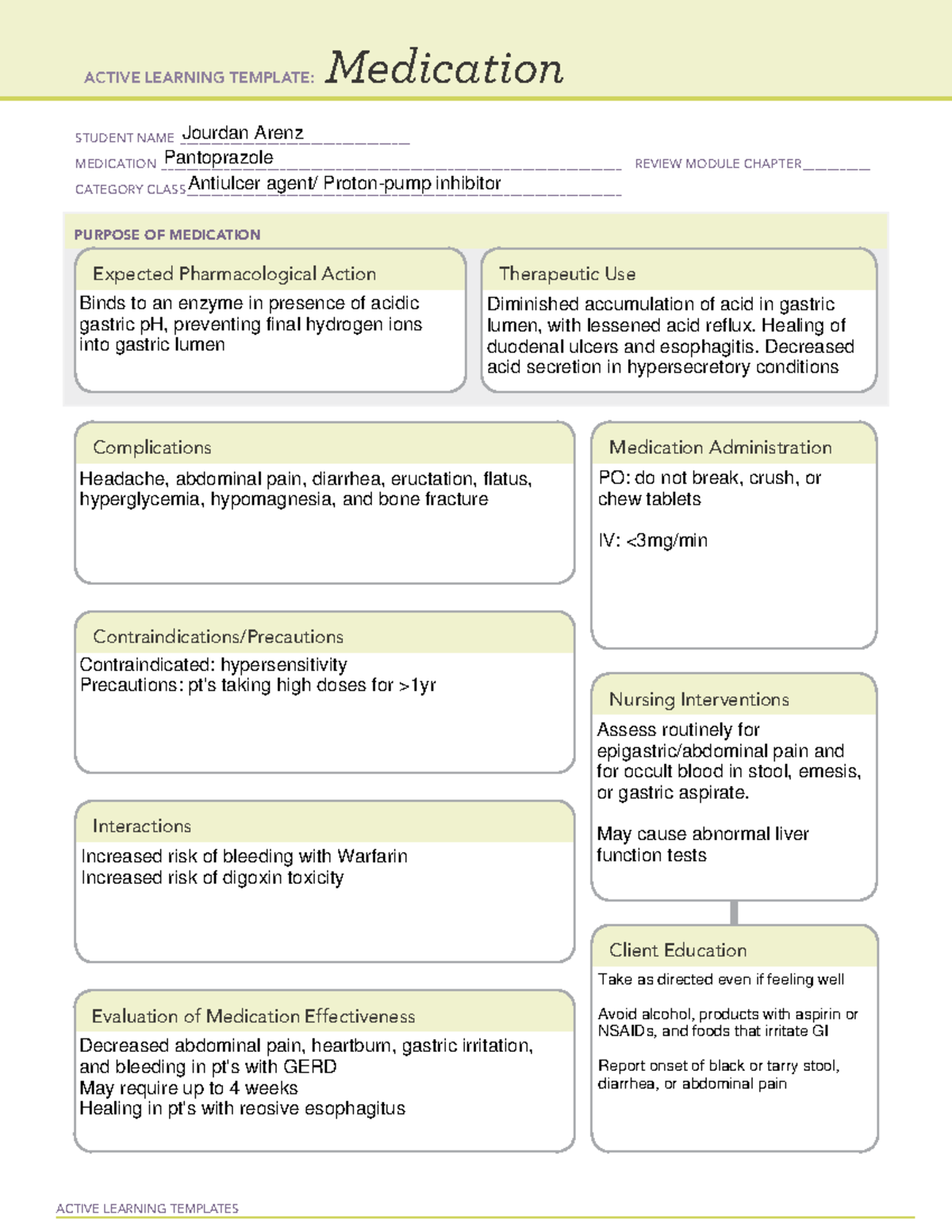 Pantoprazole med sheet - ACTIVE LEARNING TEMPLATES Medication STUDENT ...