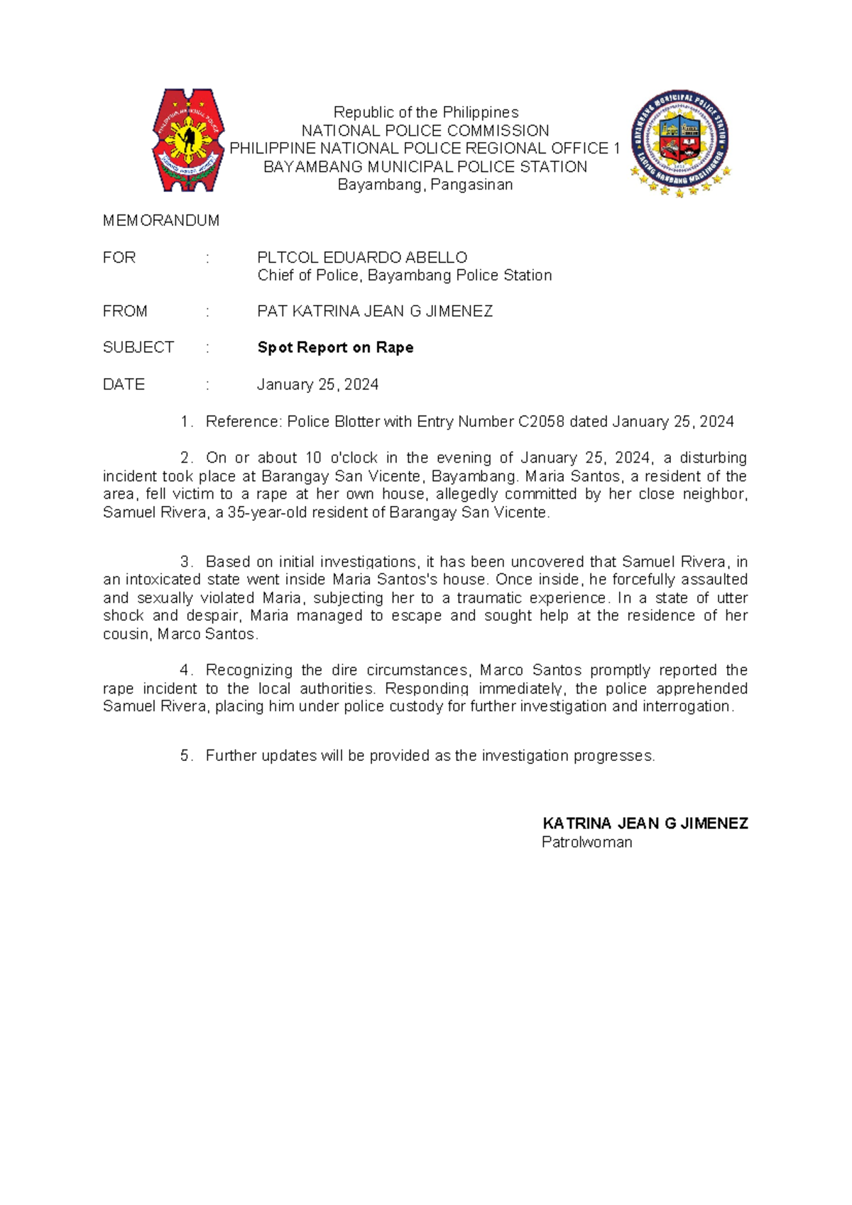 SPOT Report in Lie Detection - Republic of the Philippines NATIONAL ...