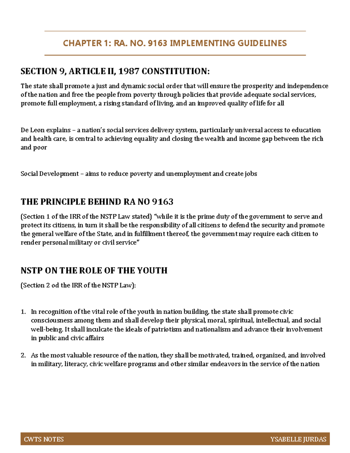 CWTS Notes CHAP 1 7 - CHAPTER 1: RA. NO. 9163 IMPLEMENTING GUIDELINES ...