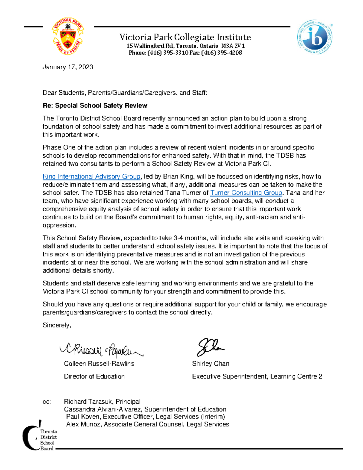 School Safety Review letter Jan 2023 - Victoria Park Collegiate ...