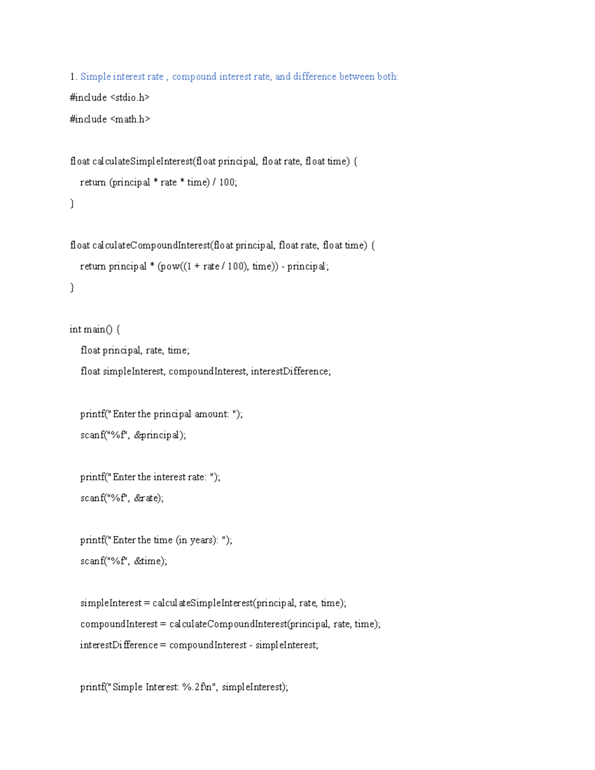 Codes - Simple interest rate , compound interest rate, and difference ...